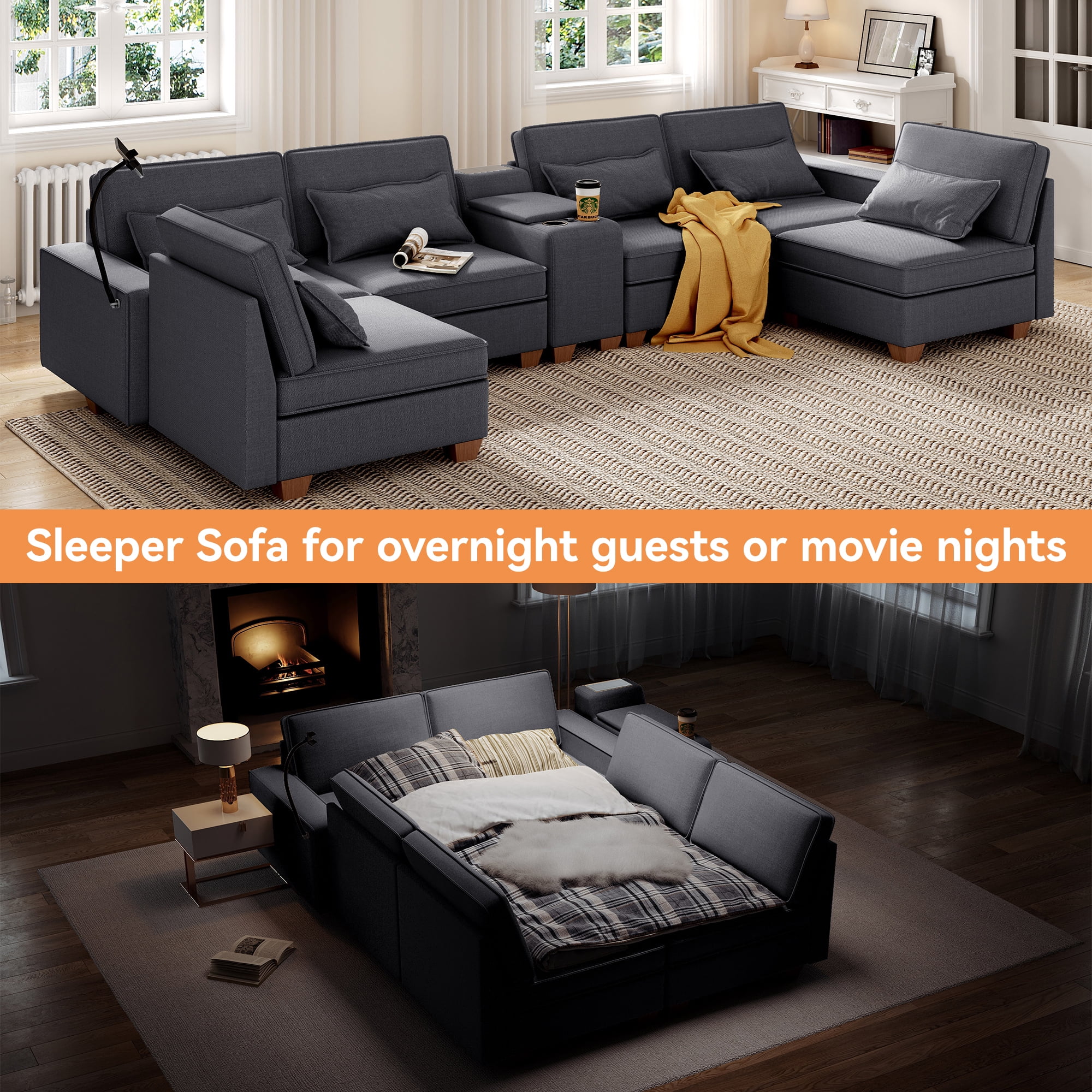 Jarenie Modular Sectional Sofa with Console, Convertible U Shaped Couch ...