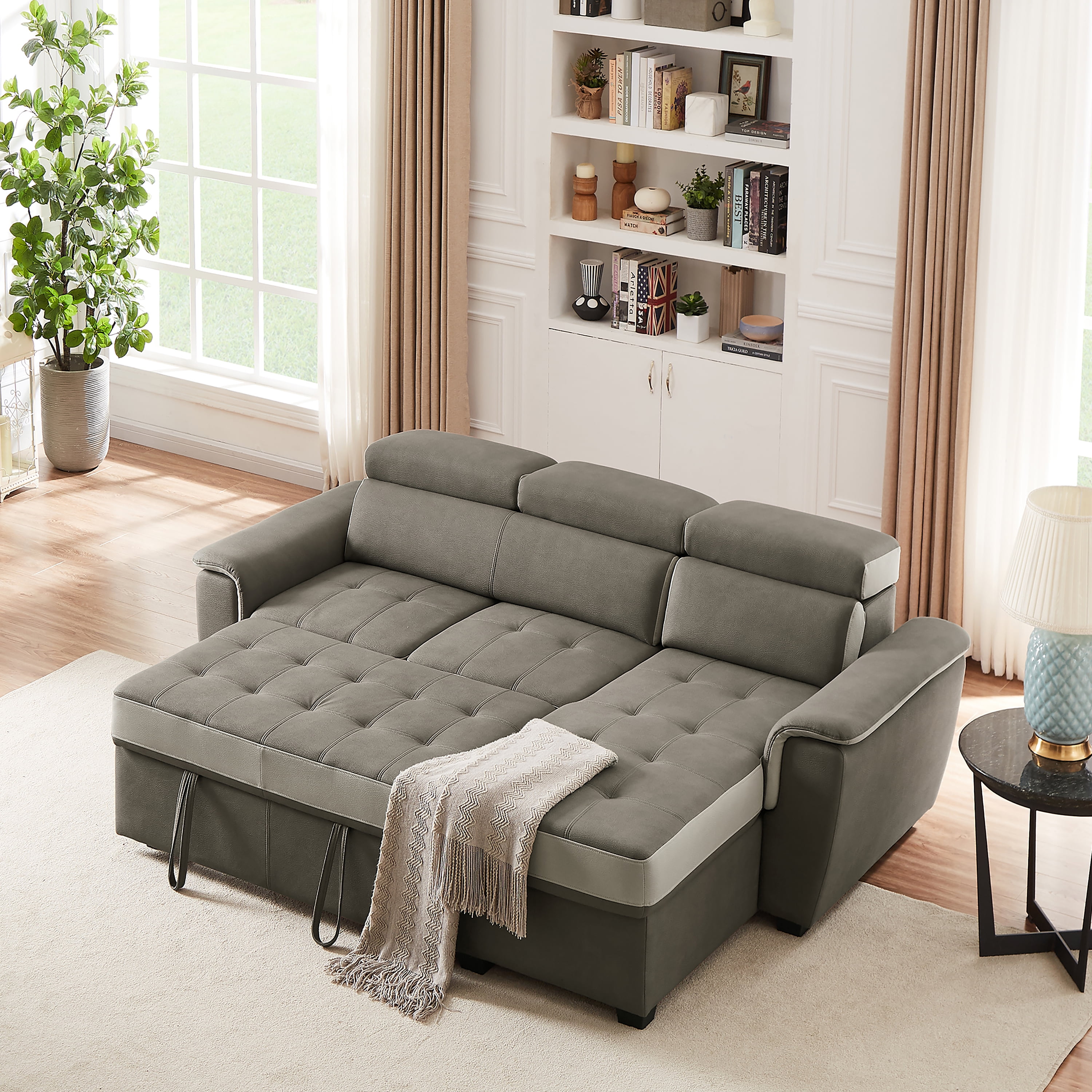 Jarenie Pull-Out Sleeper Sofa, Faux Leather Sectional Sofa Bed, Modern ...