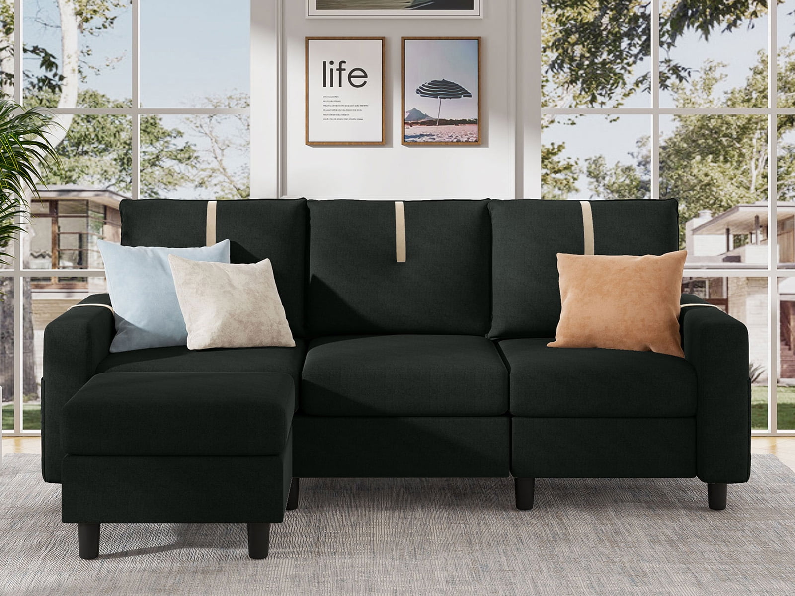 Jarenie Sherpa Sleeper Sectional Sofa with Footstool for Small & Big ...