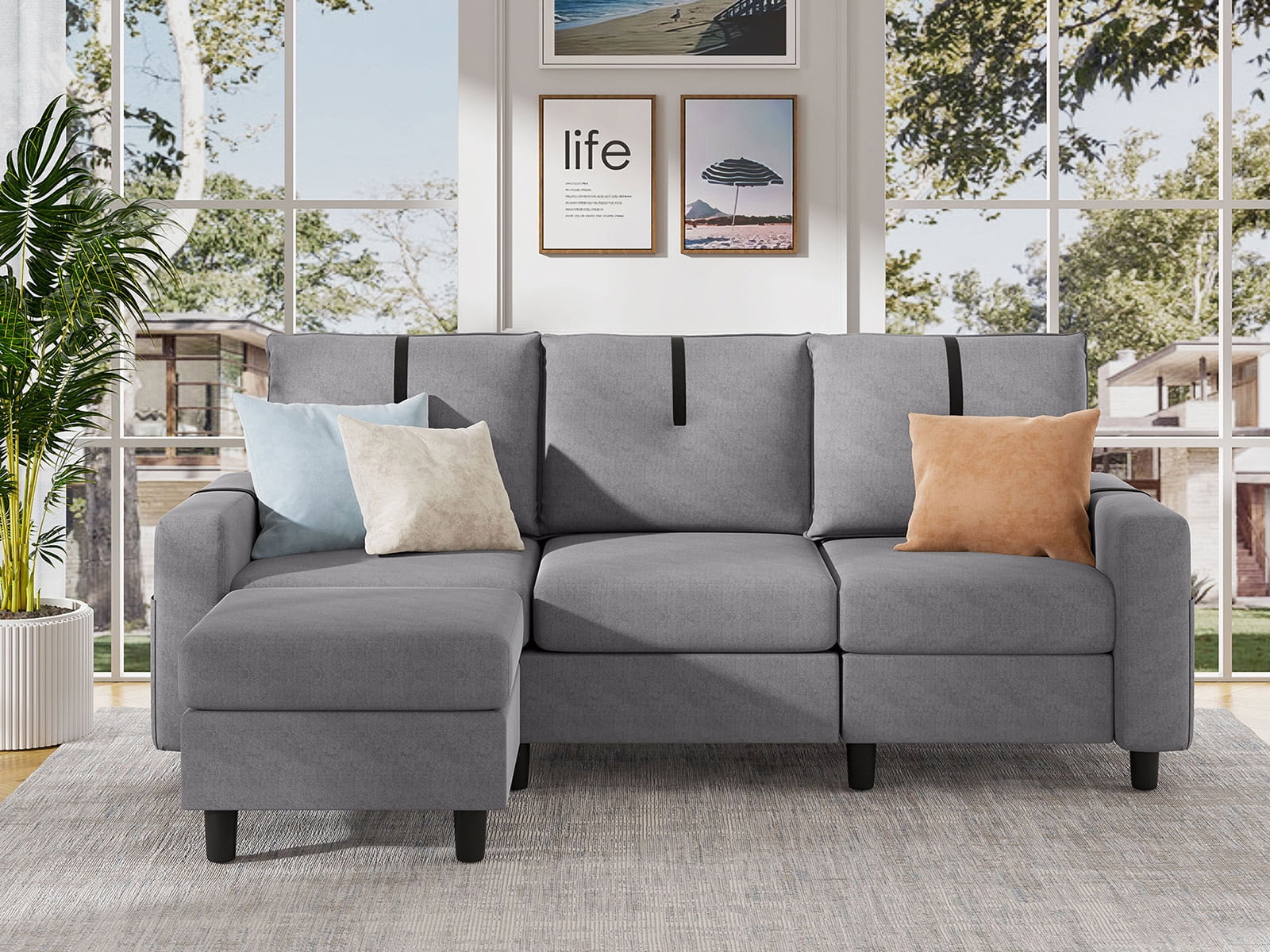 Jarenie Sherpa Fabric Sectional Sleeper Sofa with Footstool for Small Spaces, Light Grey ...