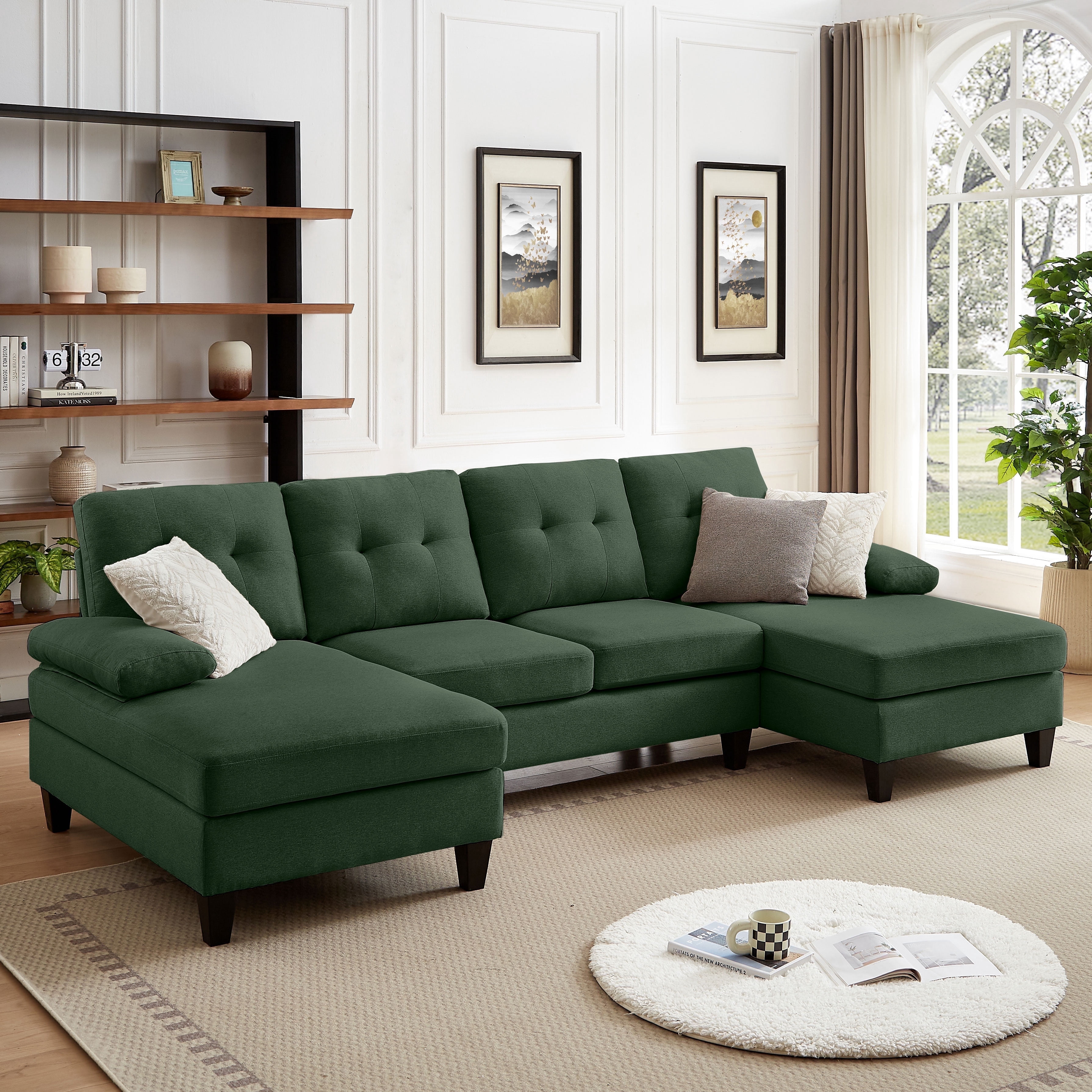 Jarenie U Shaped Linen Sectional Sofa Couches with Double Chaise, Green ...