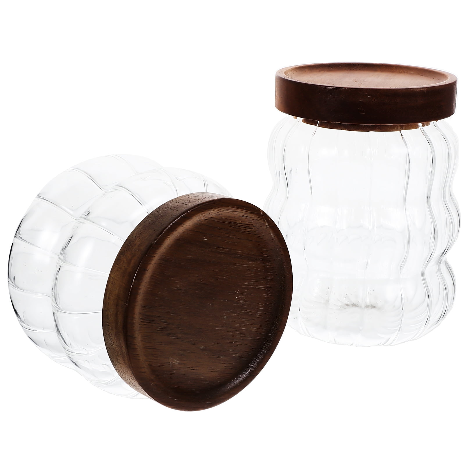 Jars with Lids 2 Pcs Acacia Wood Glass Cover Food Kitchen Storage ...