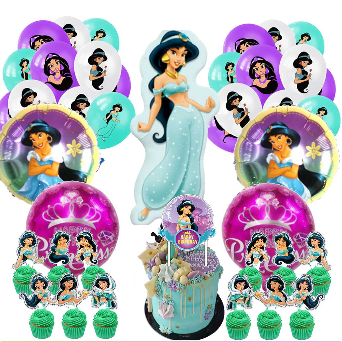 Jasmine Aladdin Princess Party Supplies Balloons Cake Topper Birthday ...
