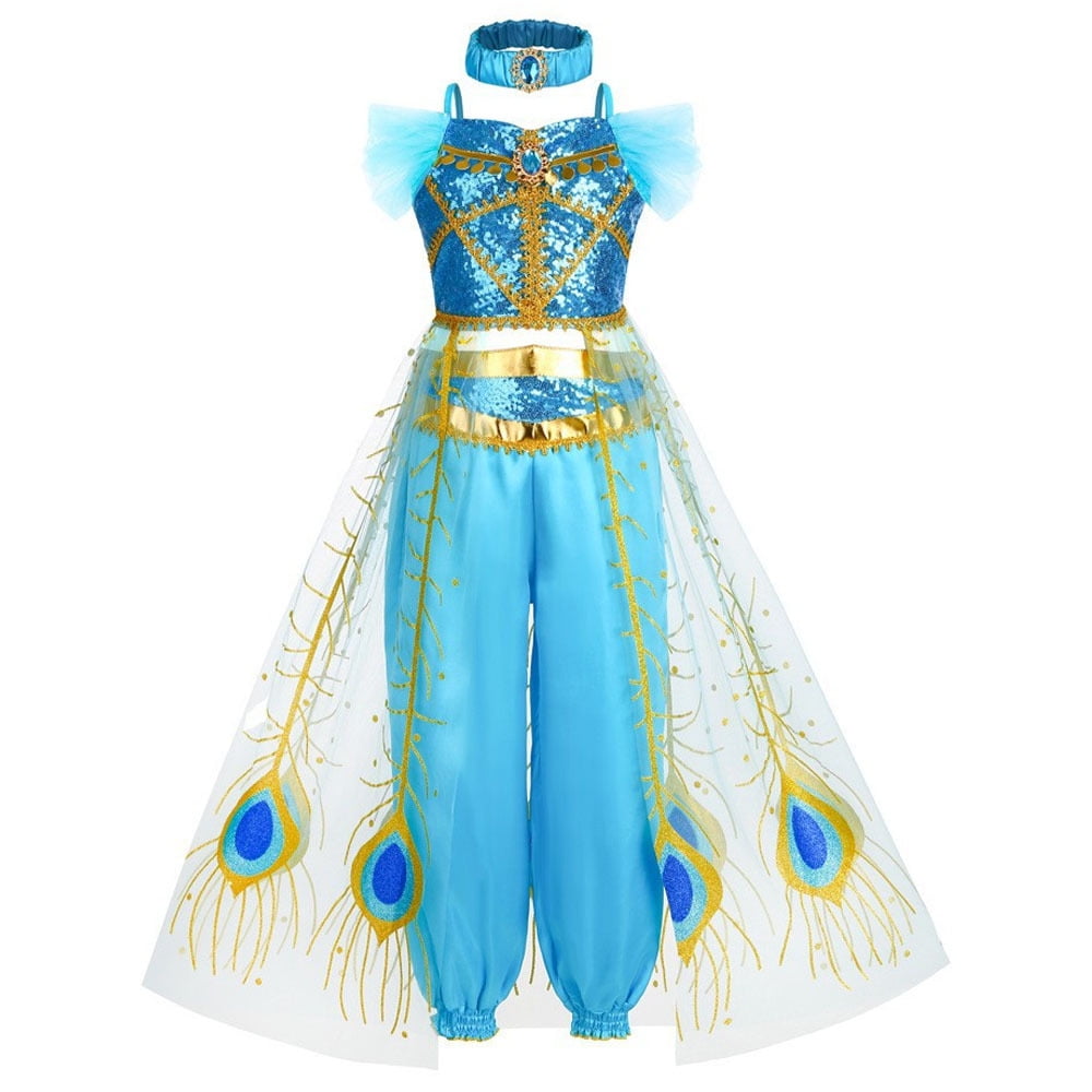Jasmine Costume for Girls Blue Princess Halloween Birthday Cosplay ...