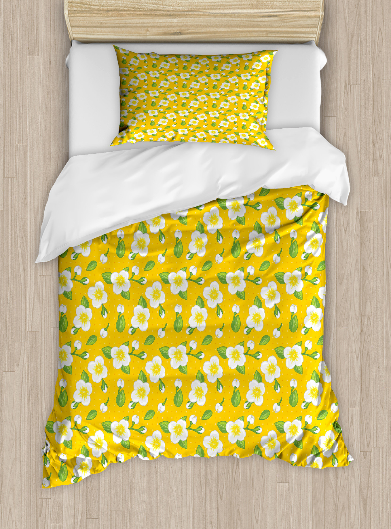 Jasmine Duvet Cover Set, Flowers Buds and Leaves on Symmetric Polka ...