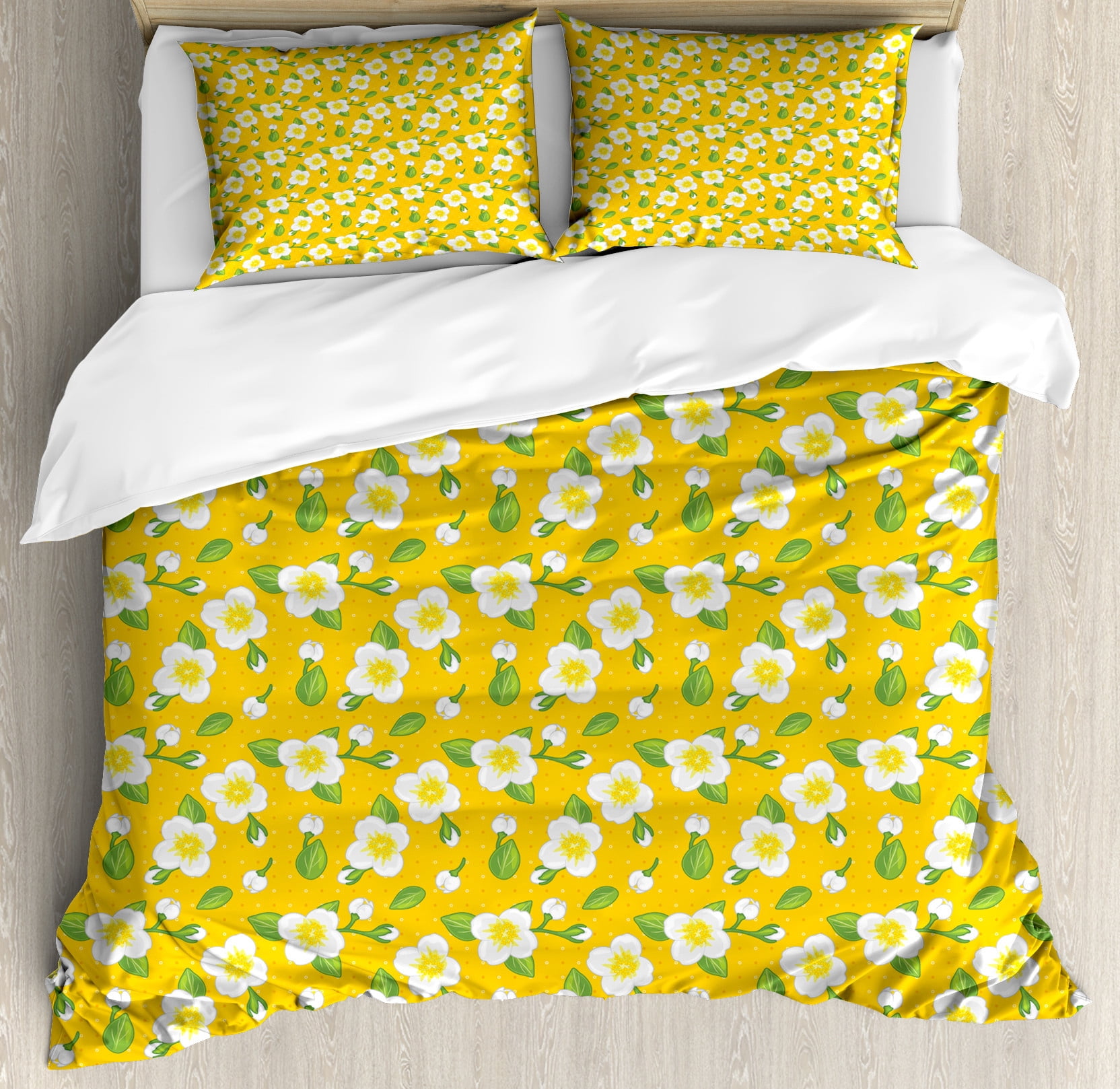 Jasmine Duvet Cover Set, Flowers Buds and Leaves on Symmetric Polka ...