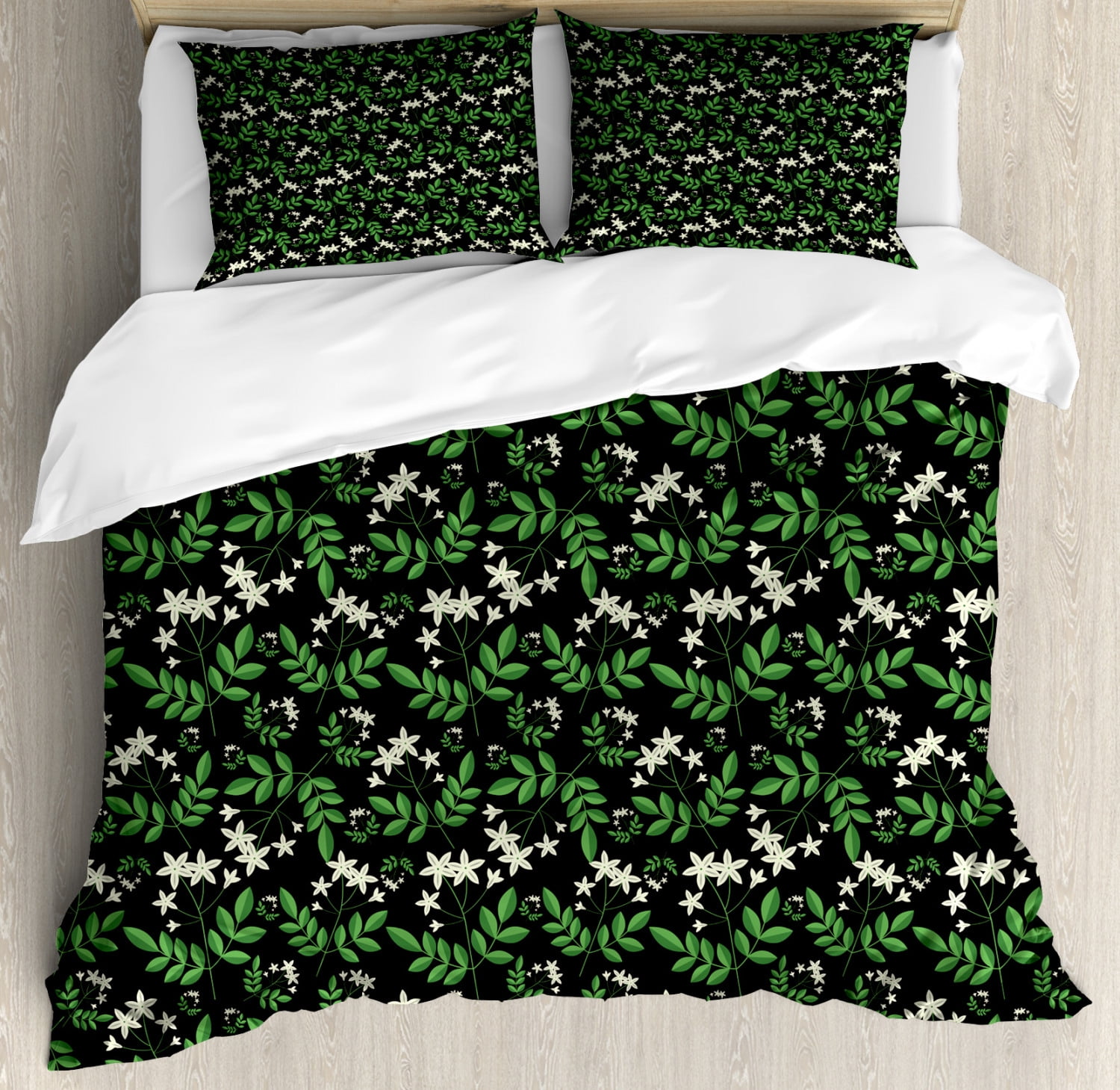Jasmine Duvet Cover Set Queen Size, Botanical Nature Pattern with Repeating Branches of Jasmine ...