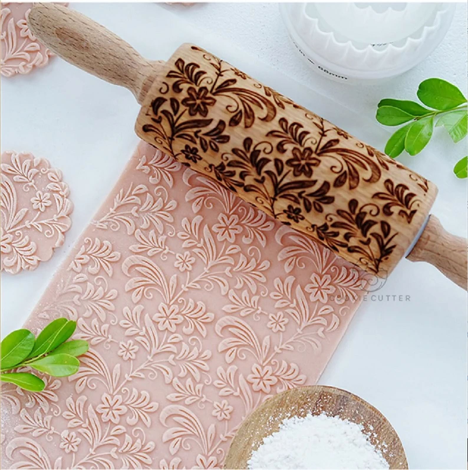 Jasmine Flower Plant Carved Rolling Pin, Embossed Beech Wood Rolling ...