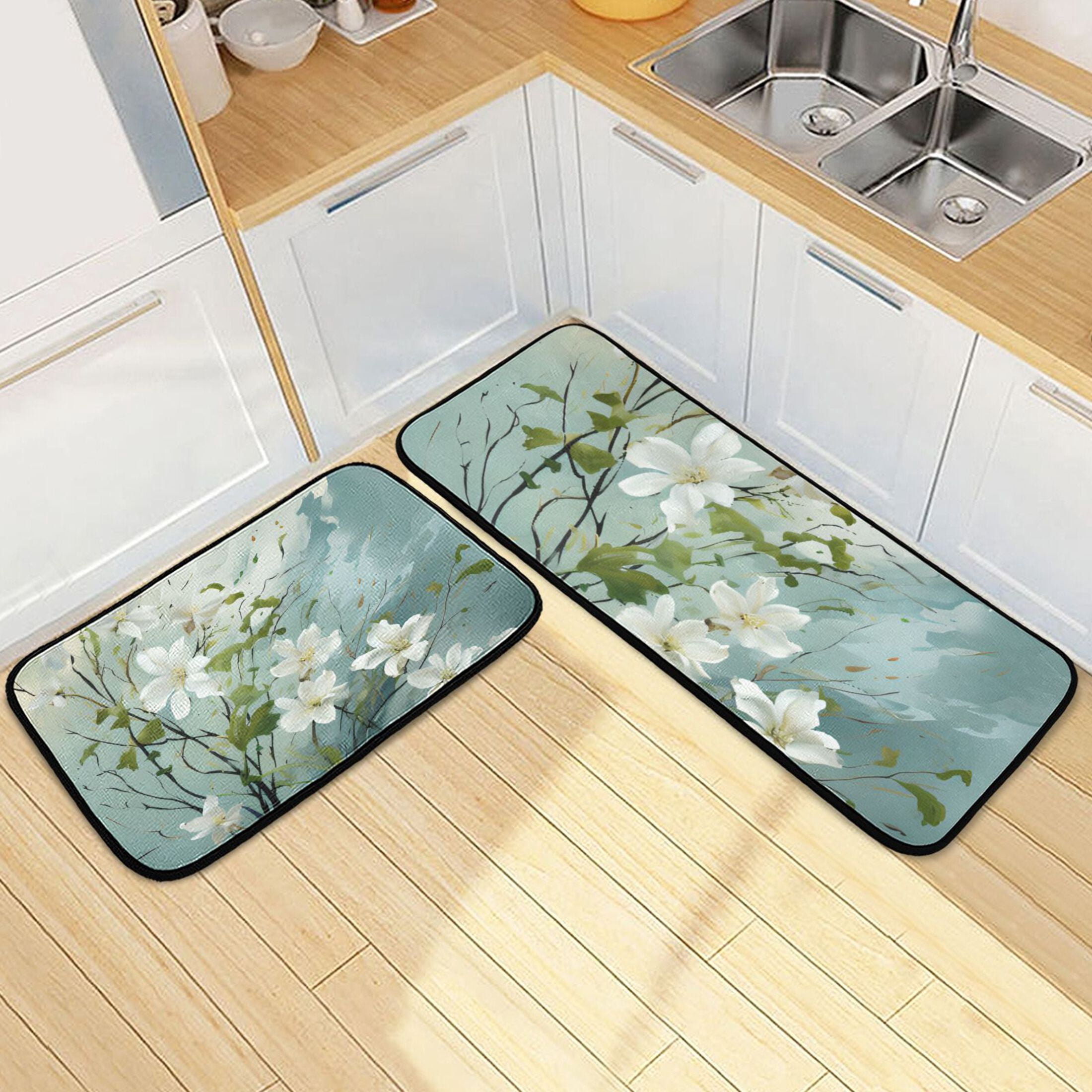 Jasmine Flowers Kitchen Rugs Set of 2 Non Slip Floor Foam Mat Cushioned ...