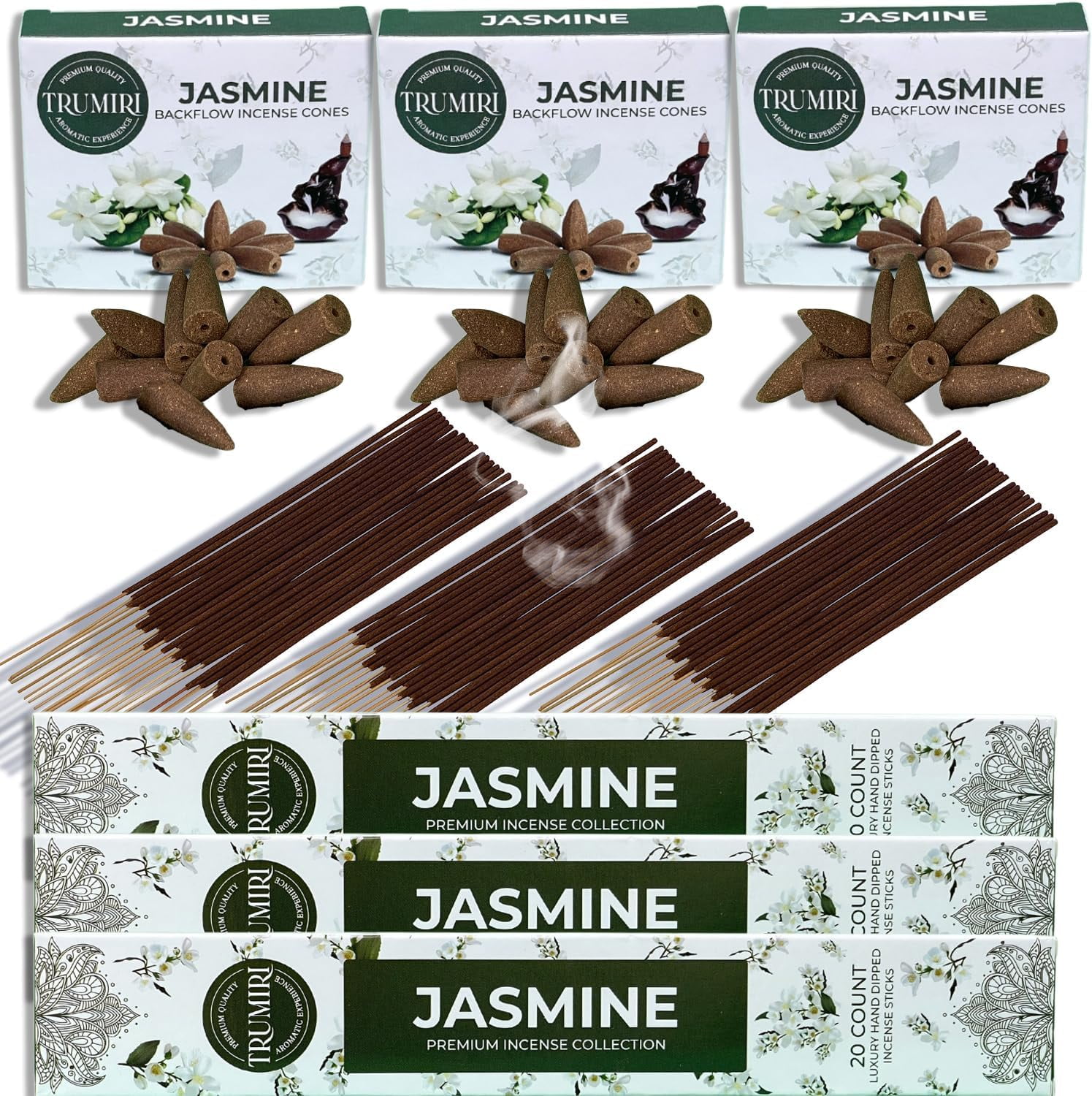 Jasmine Incense Sticks & Backflow Incense Cones for Waterfall Combo Pack - 60 Insence-Sticks ...