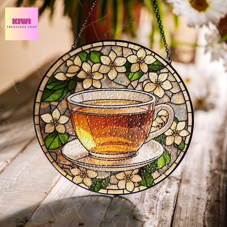Jasmine Tea GLASS Suncatcher Hanging, Jasmine flowers FAUX stained ...