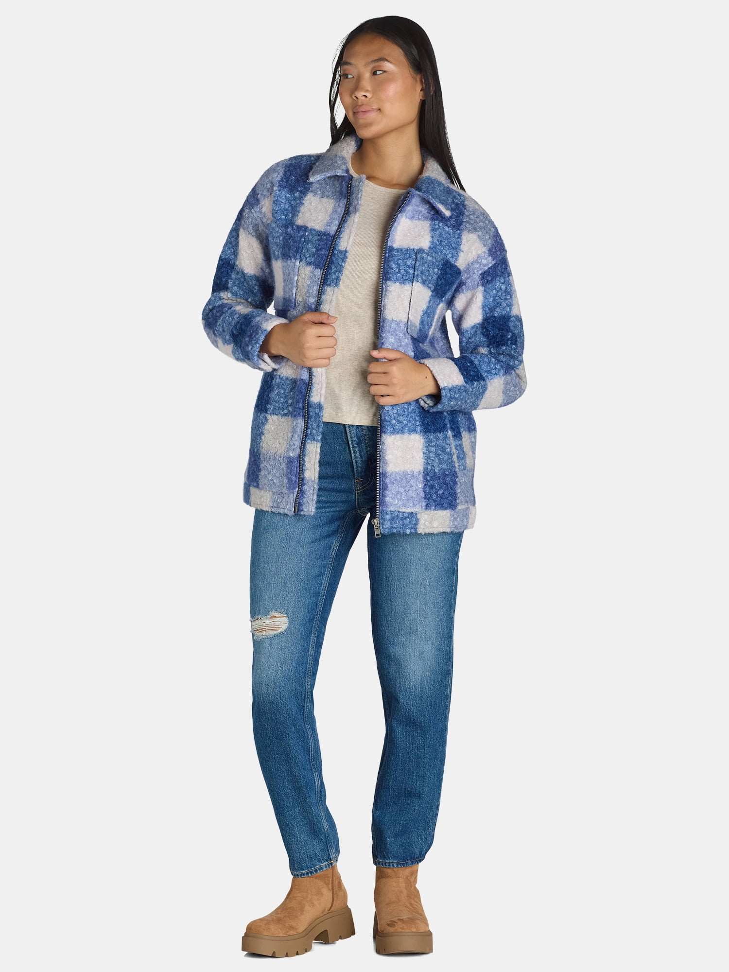 Jason Maxwell Women's and Women’s Plus Poodle Plaid Full-Zip Shacket ...