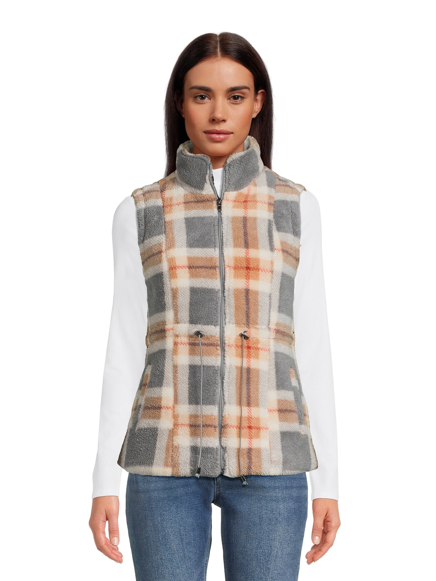 Jason Maxwell Women's Teddy Plaid Full Zip Vest with Drawstring Waist ...