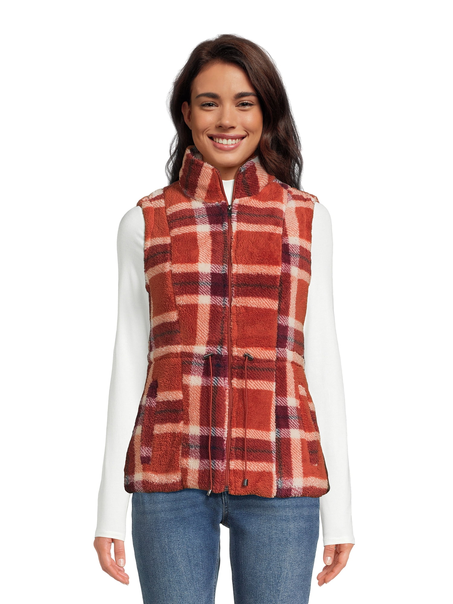 Jason Maxwell Women's Teddy Plaid Full Zip Vest with Drawstring Waist ...