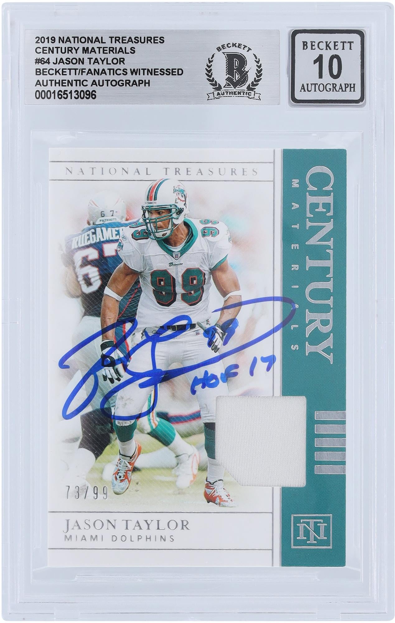 Jason Taylor Miami Dolphins Autographed 2019 Panini National Treasures ...