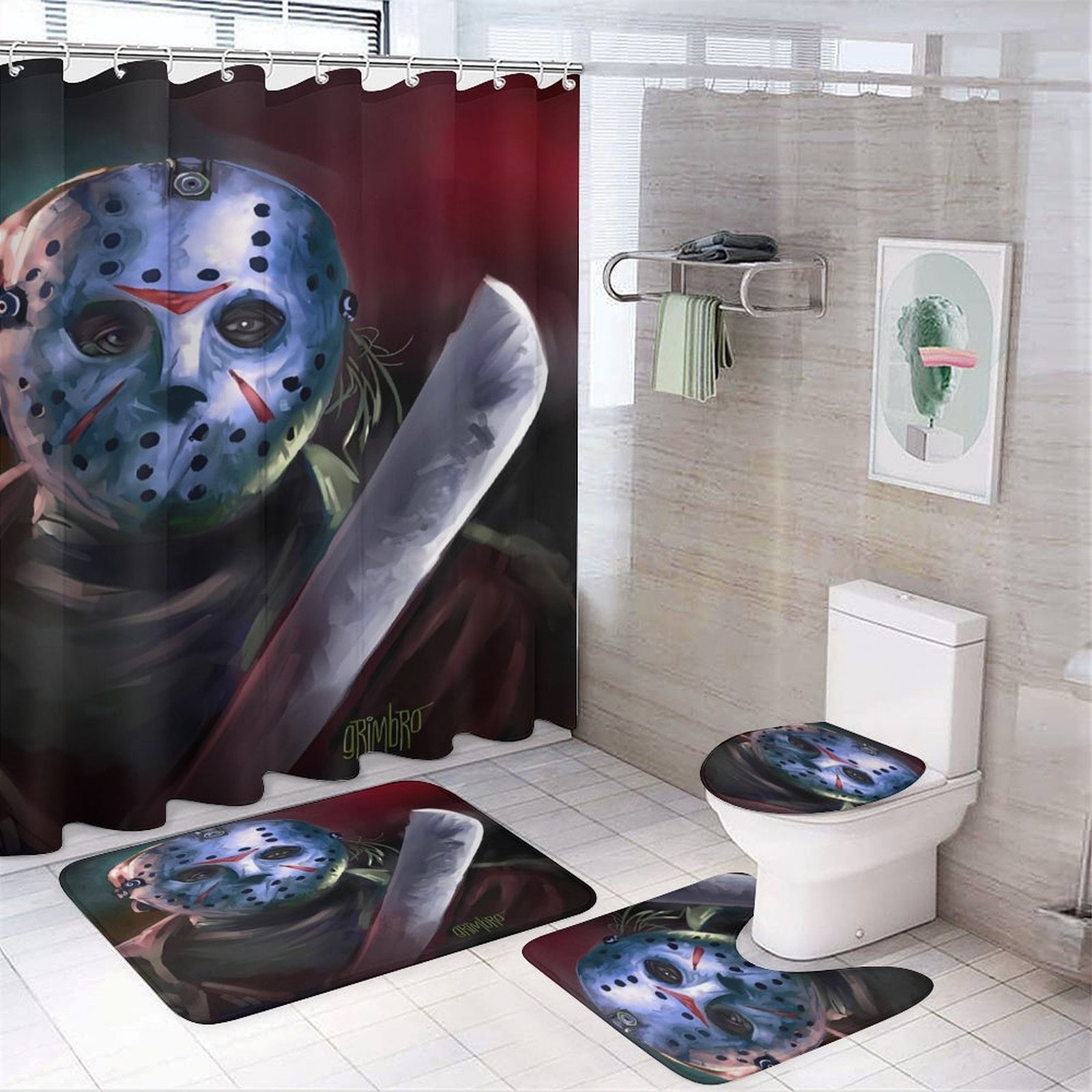 Jason Voorhees 4 Piece Bathroom Set Shower Curtain , Non-Slip Rugs ...