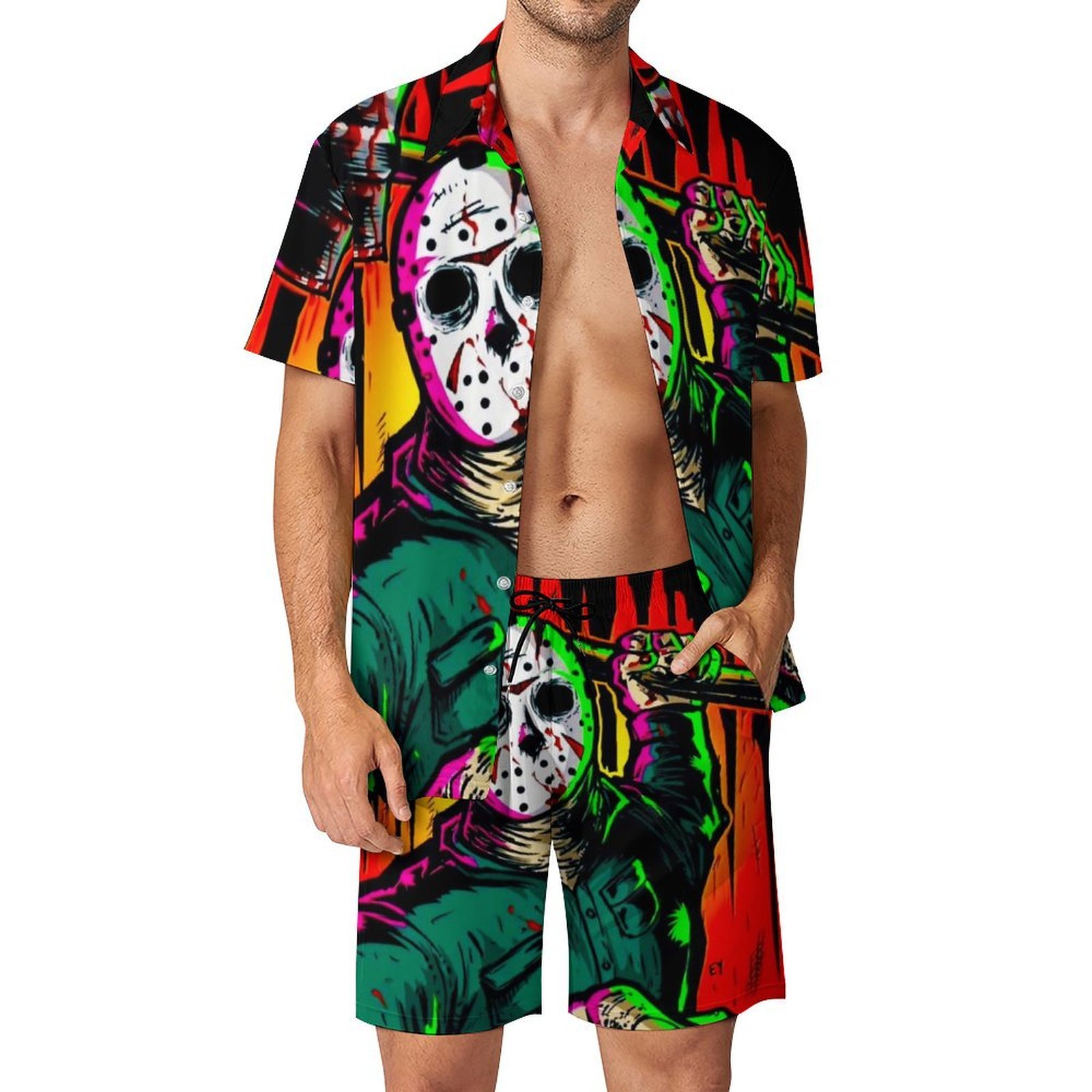 Jason Voorhees Men's Beach Suit 2 Piece Outfits Hawaiian Button Down ...