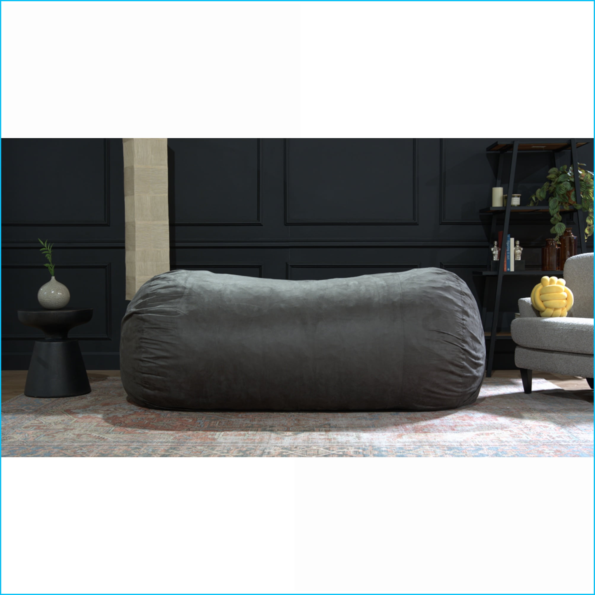 Jasper 8 Foot Cylindrical Suede Bean Bag Chair | Charcoal | Seat Depth ...