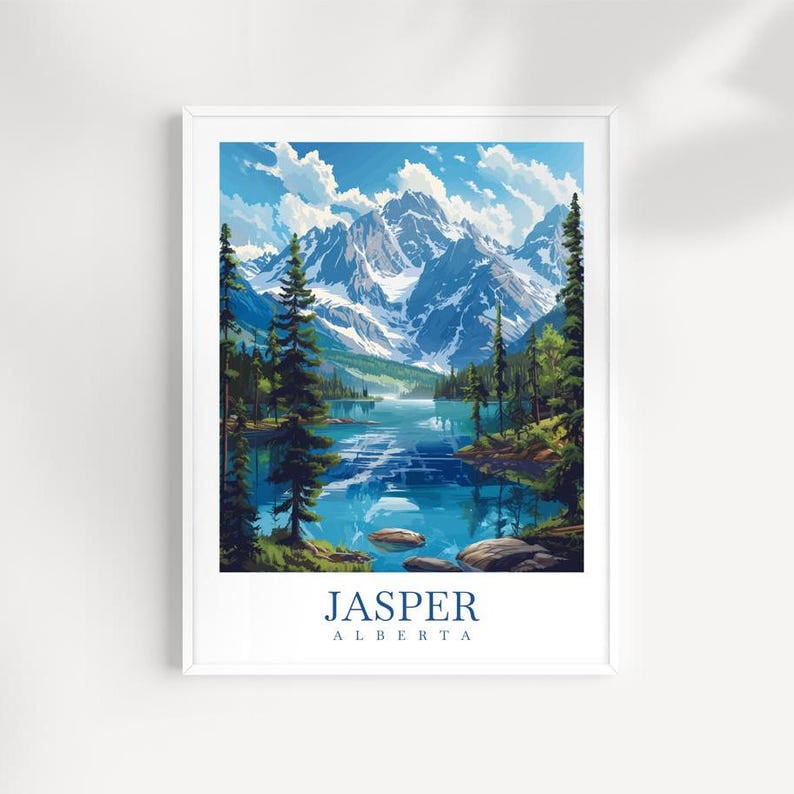 Jasper Alberta Travel Print - Illustrated Mountain & Lake Landscape ...