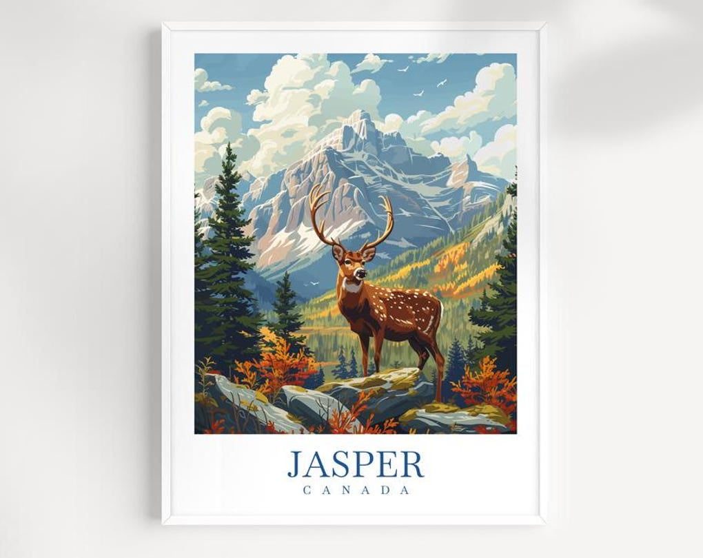 Jasper Alberta Travel Print Wall Art - Illustrated Mountain & Lake ...