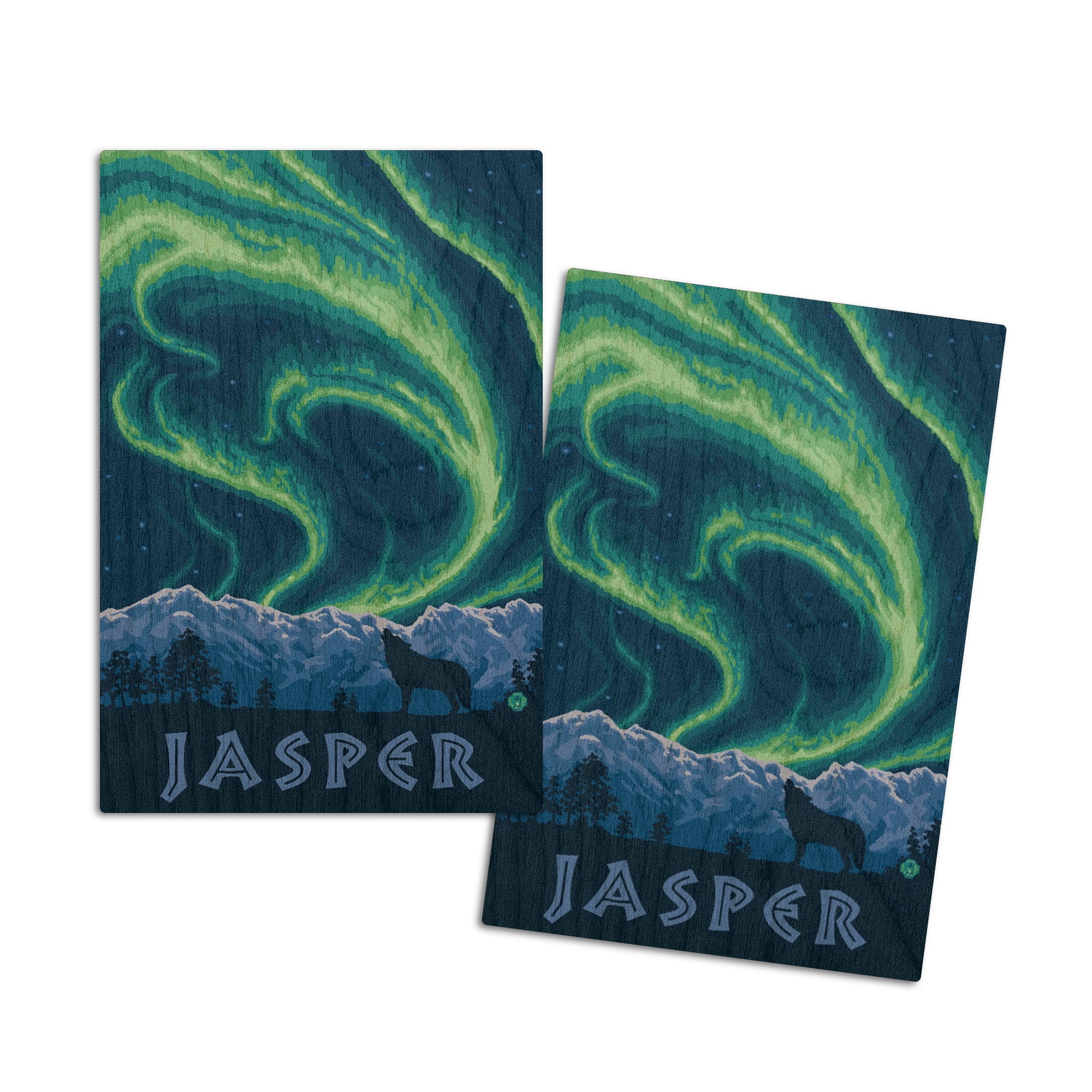 Jasper, Canada, Northern Lights and Wolf (4x6 Birch Wood Postcards, 2 ...