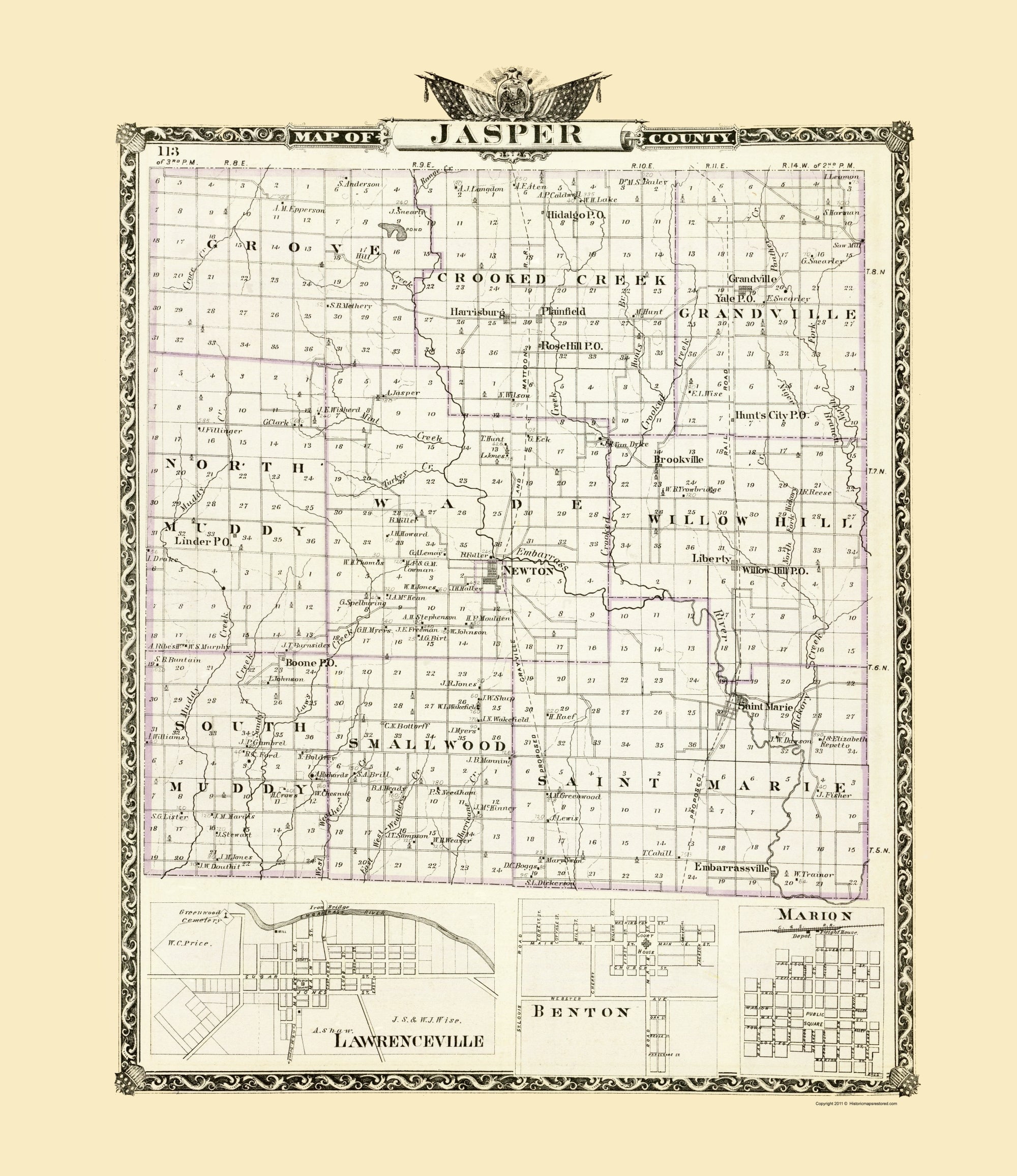 Historic County Map - Jasper County Illinois - Warner 1876 - 23 x 26.59 ...