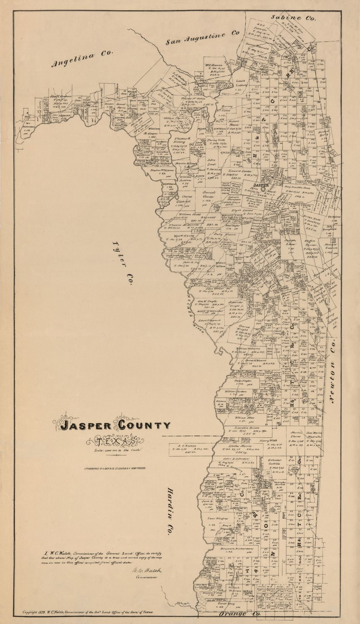 Historic County Map - Jasper County Texas - Walsh 1879 - 23 x 39.83 ...
