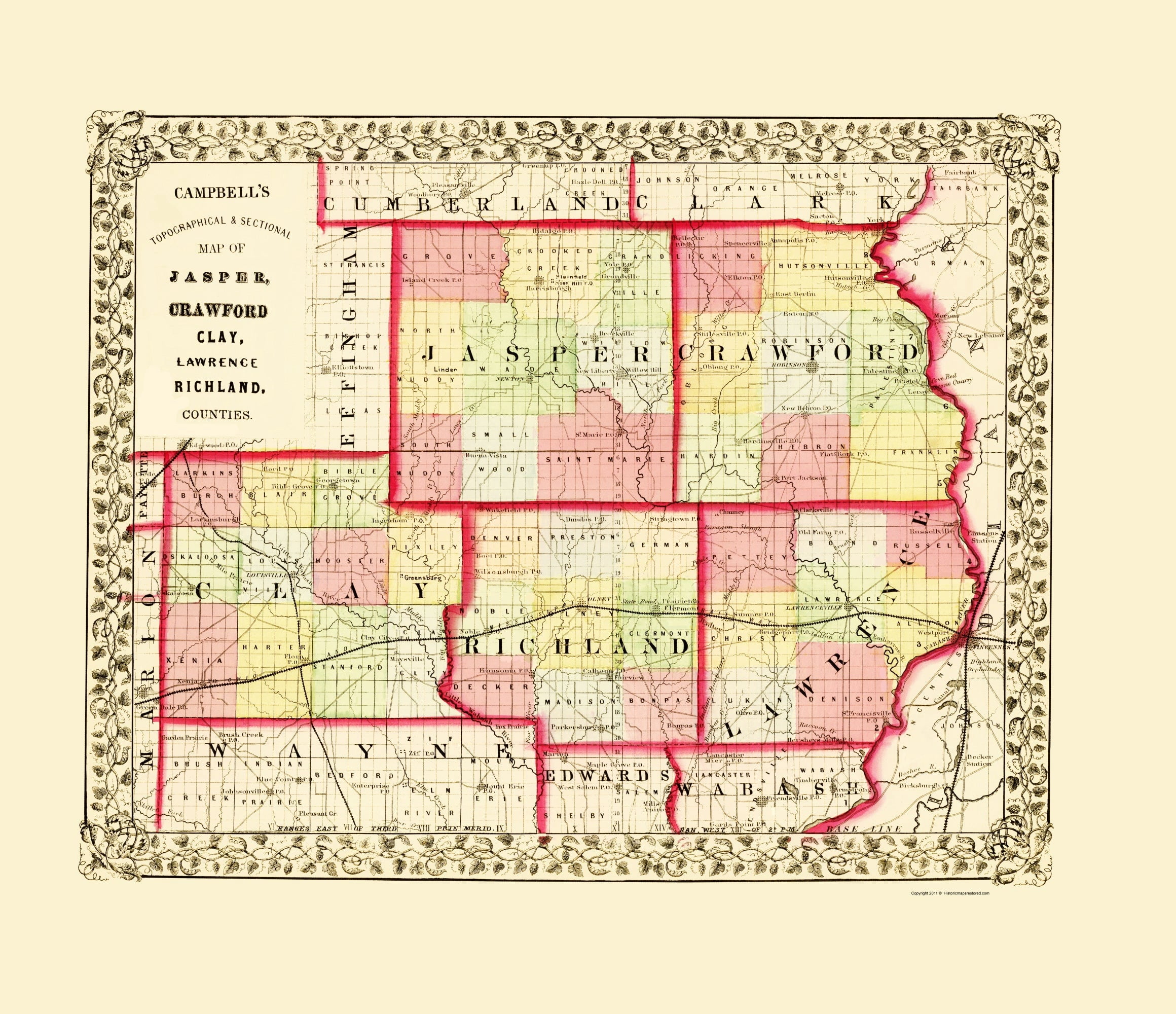 Historic County Map - Jasper Crawford Clay Lawrence Richland Counties ...