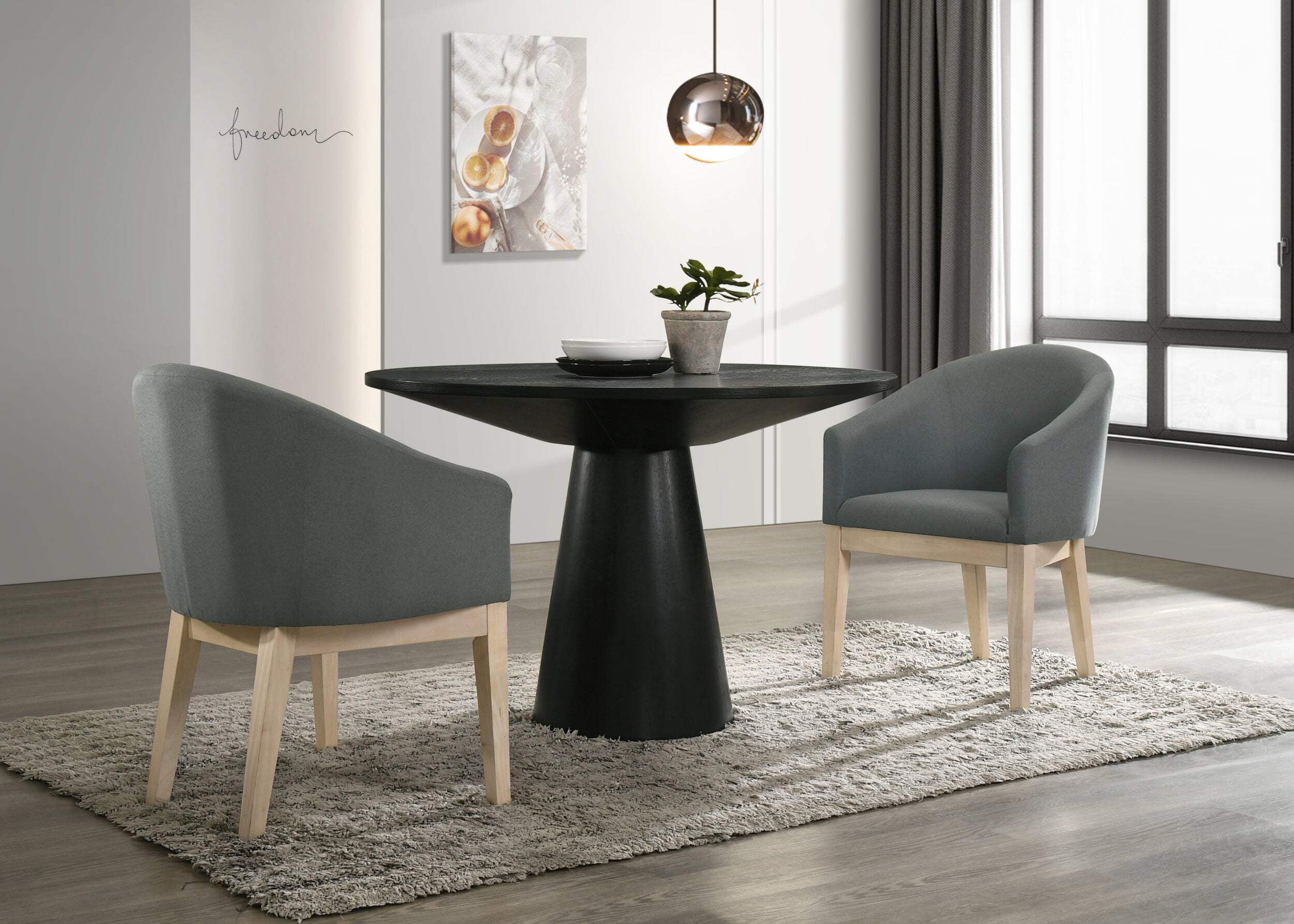 Jasper Ebony Black 3 Piece 47" Round Dining Table Set With Gray Barrel ...
