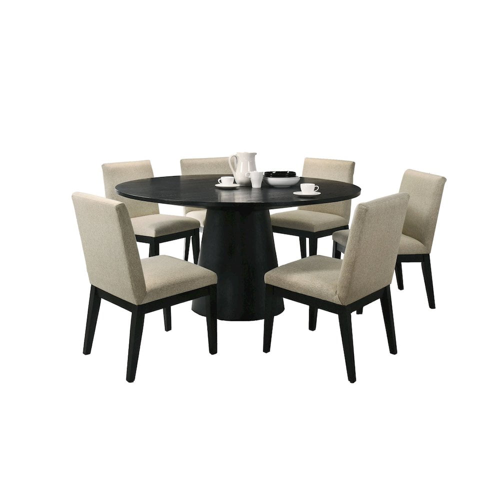 Jasper Ebony Black Wood 7-PC 59"Rd Dining Tbl.Set w/Pedestal Base ...
