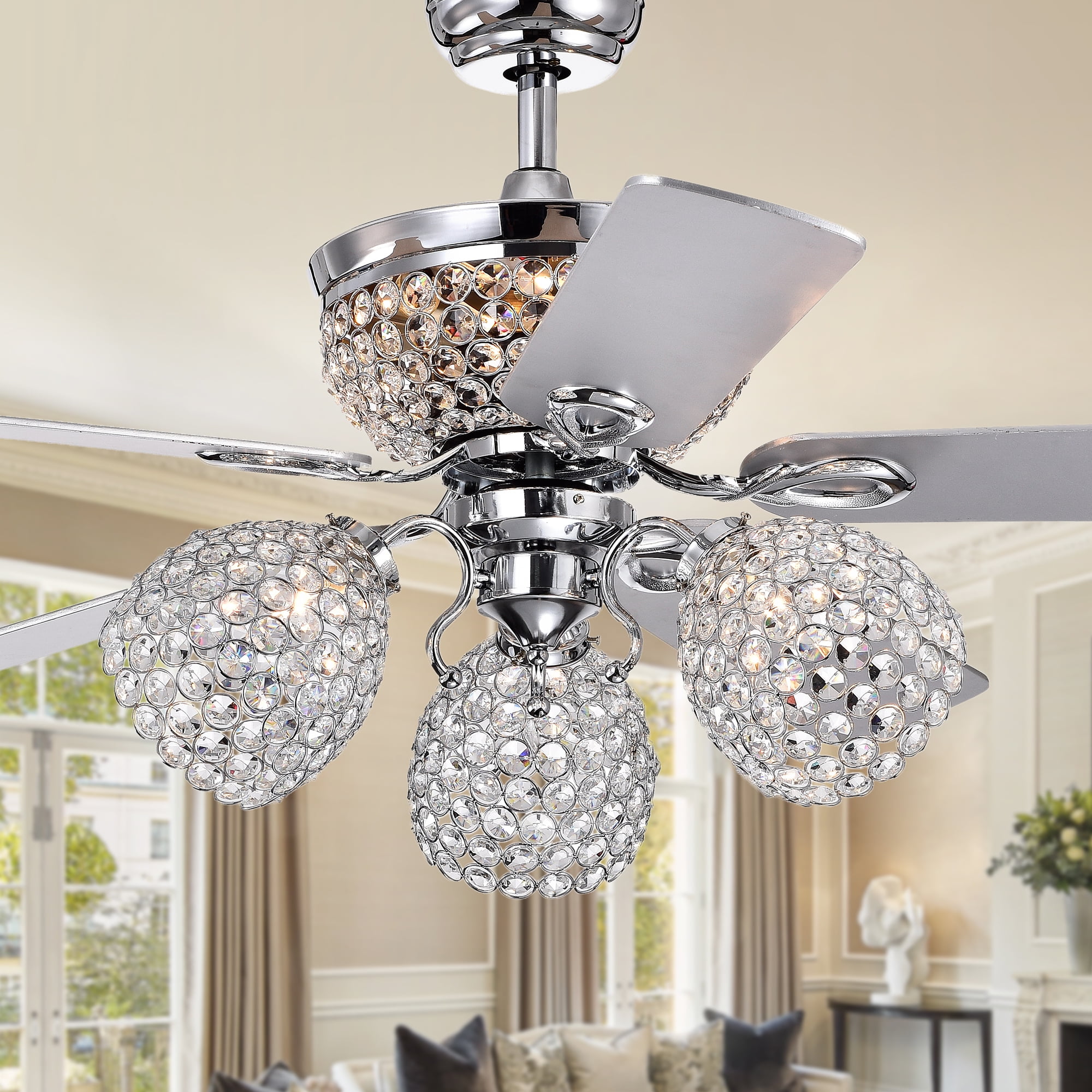 Jasper Silver 52-Inch 5-Blade Lighted Ceiling Fan with Multiple Crystal ...