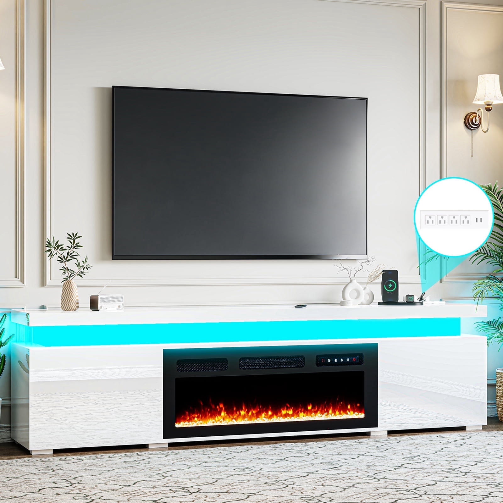 JassmiPkwy 70.8" Modern Fireplace TV Stand with LED Lights, Power ...