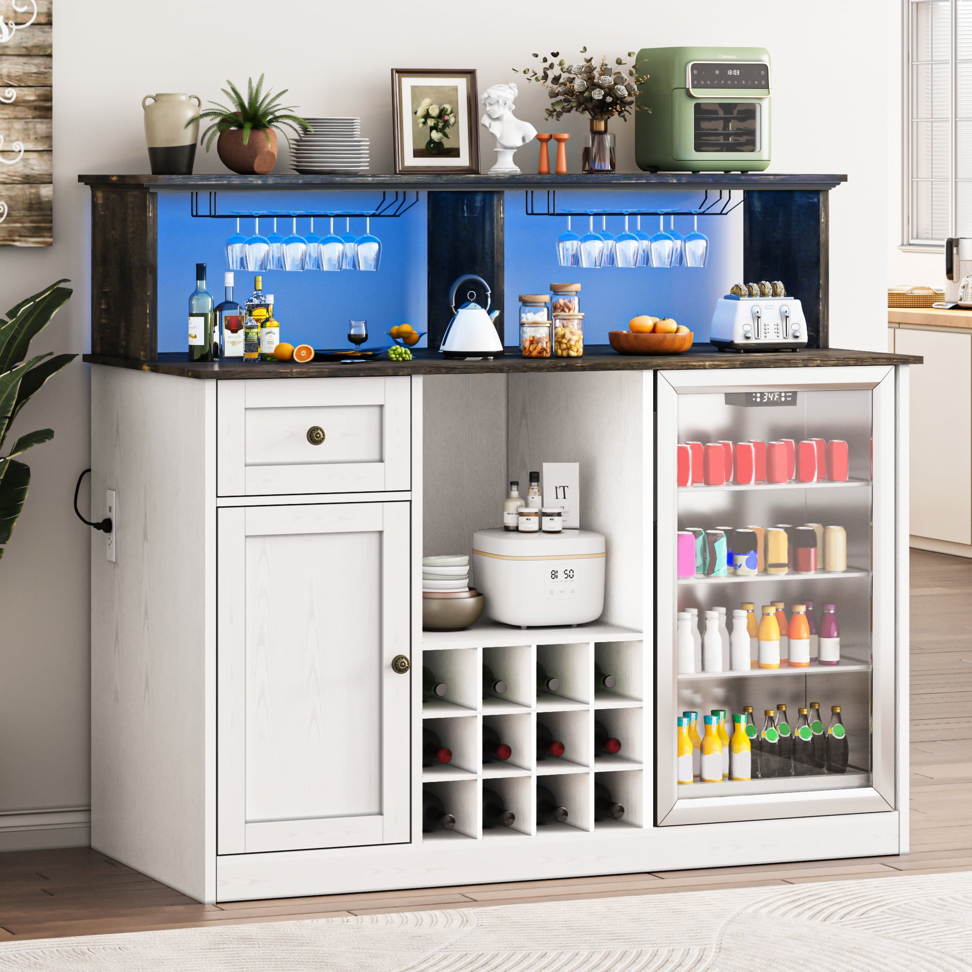 JassmiPkwy Large Coffee Bar Cabinet with Refrigerator Compartment ...