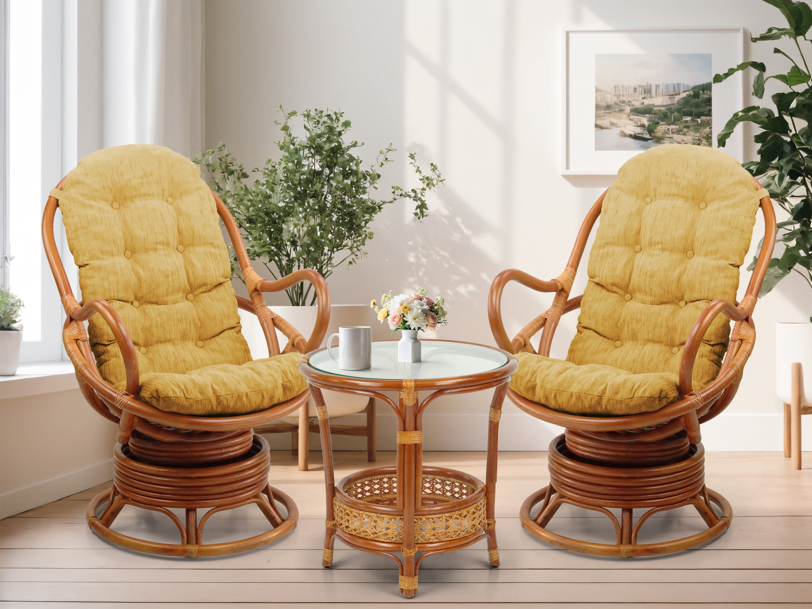Java Swivel Rocking Chair Natural Handmade Rattan Wicker Set: 2 Lounge Arm Chairs with Light ...