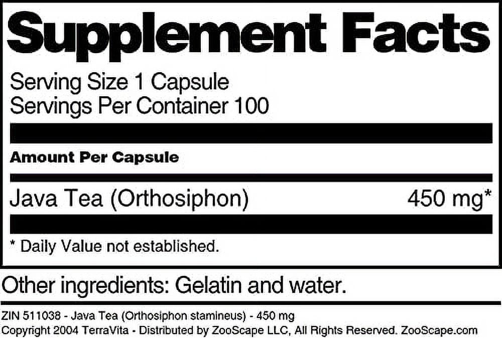 Java Tea (Orthosiphon stamineus) - 450 mg (100 Capsules, ZIN: 511038 ...