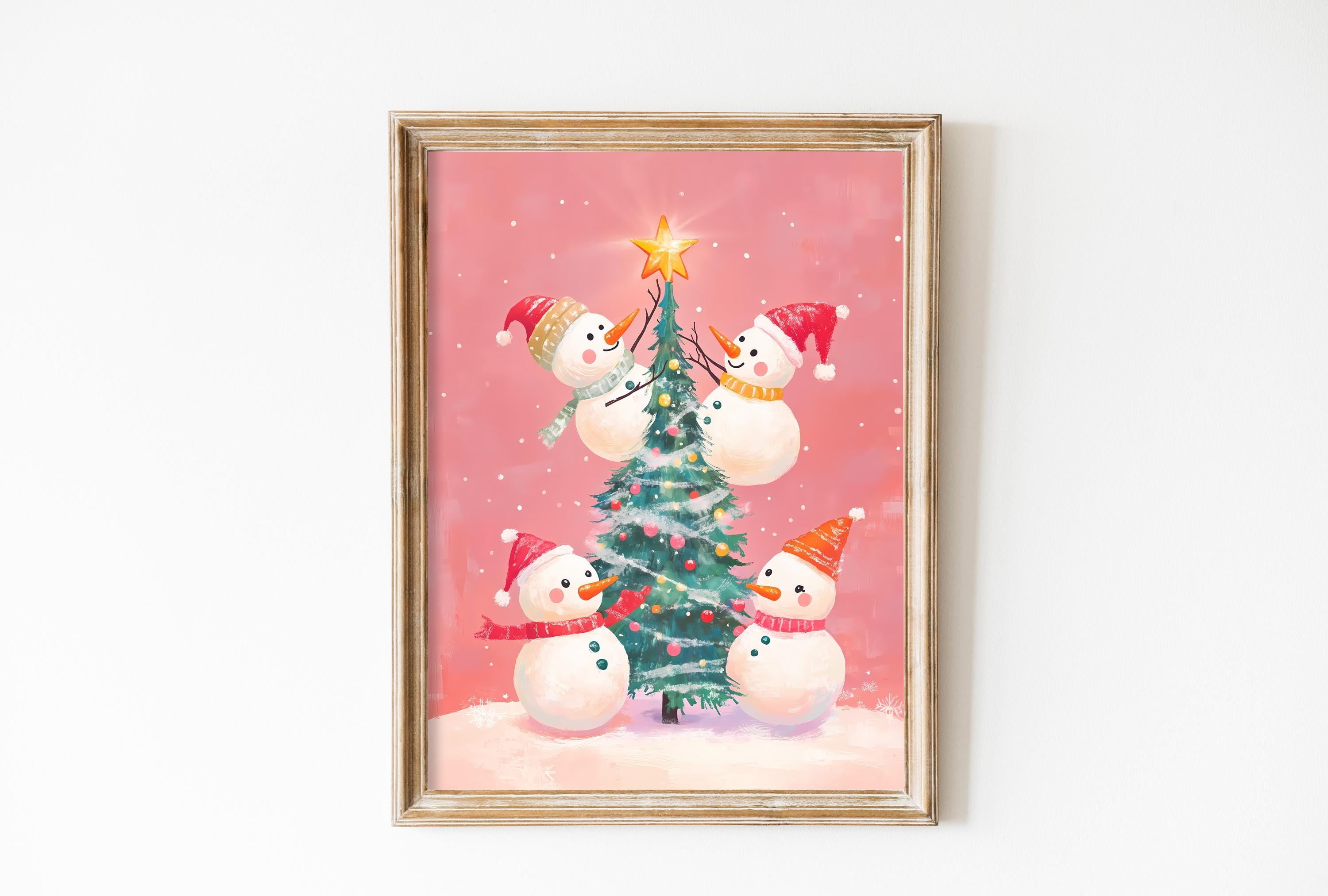 JavaC Pink Snowman Tree Wall Art, Girly Winter Nursery Decor, Preppy ...