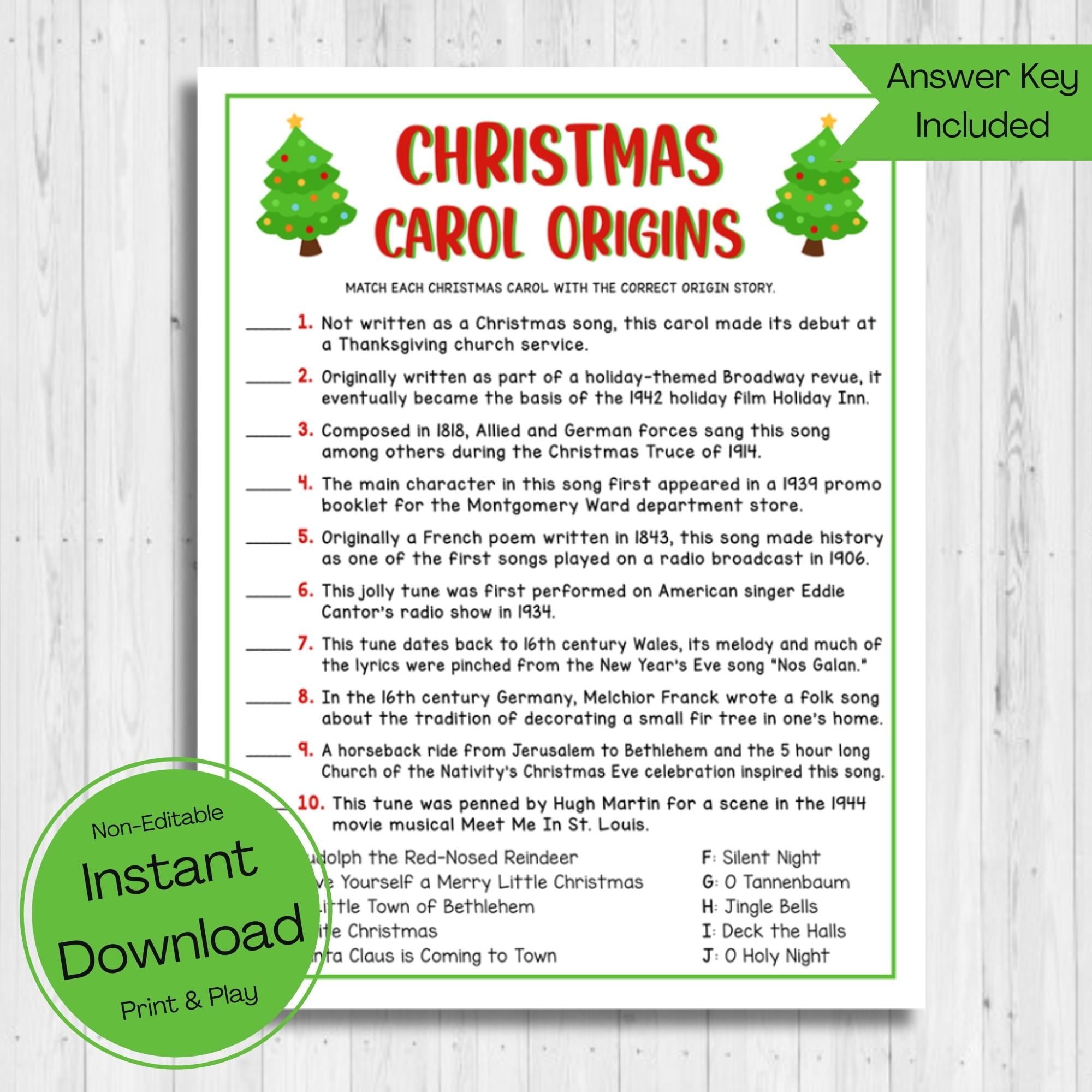 JavaC Printable Version Christmas Carol Origin Trivia Game - Holiday ...