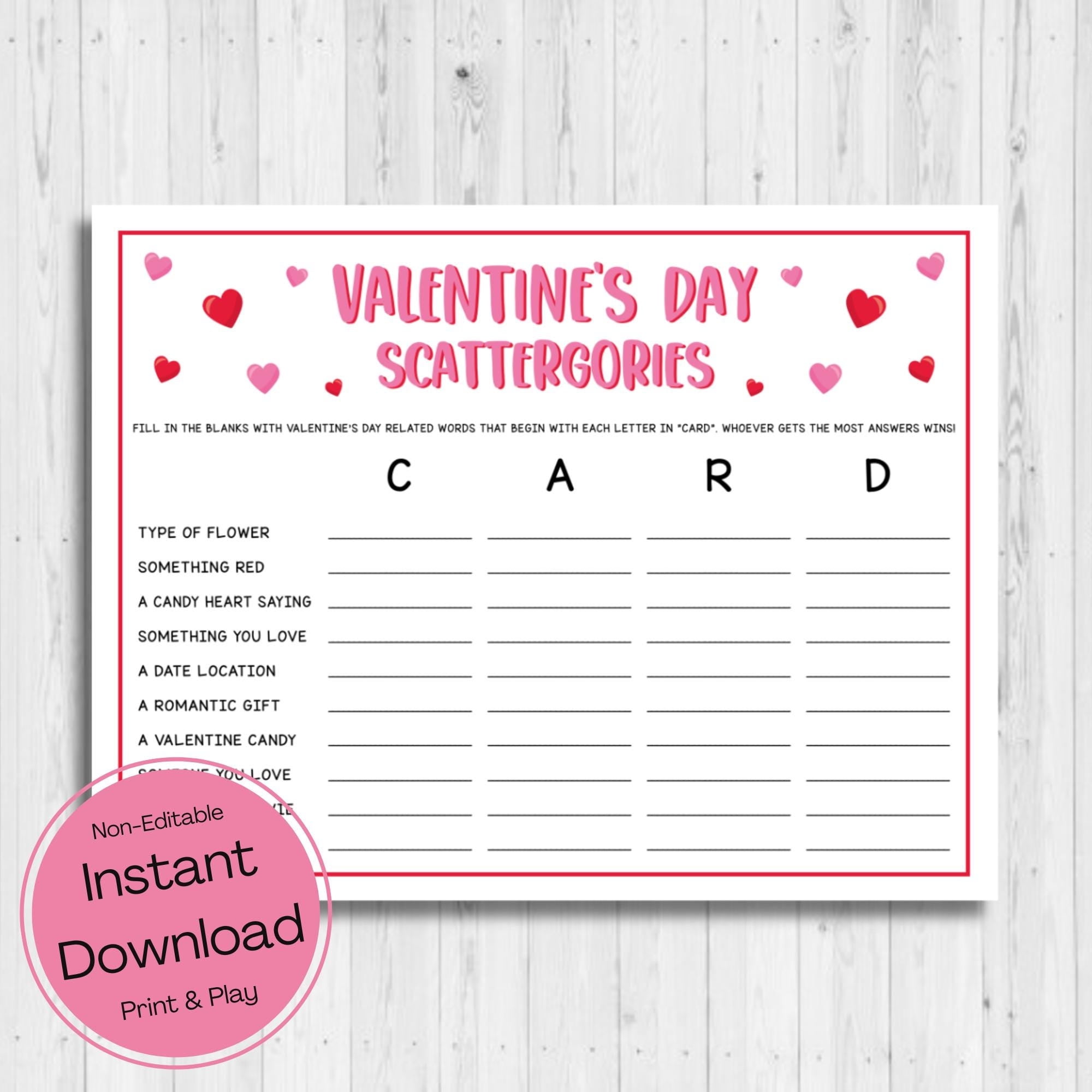 JavaC Printable Version Valentine's Day Scattergories Printable Game ...