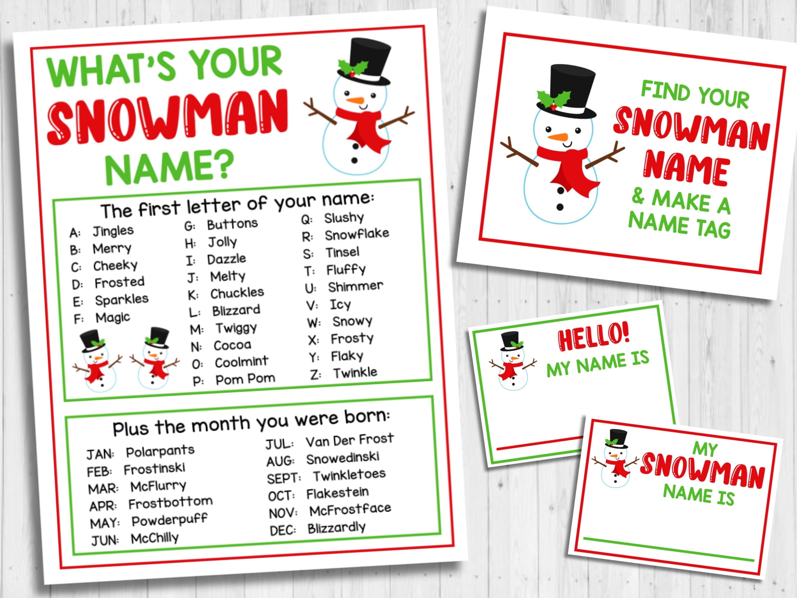 JavaC Printable Version What's Your Snowman Name Printable - Holiday ...