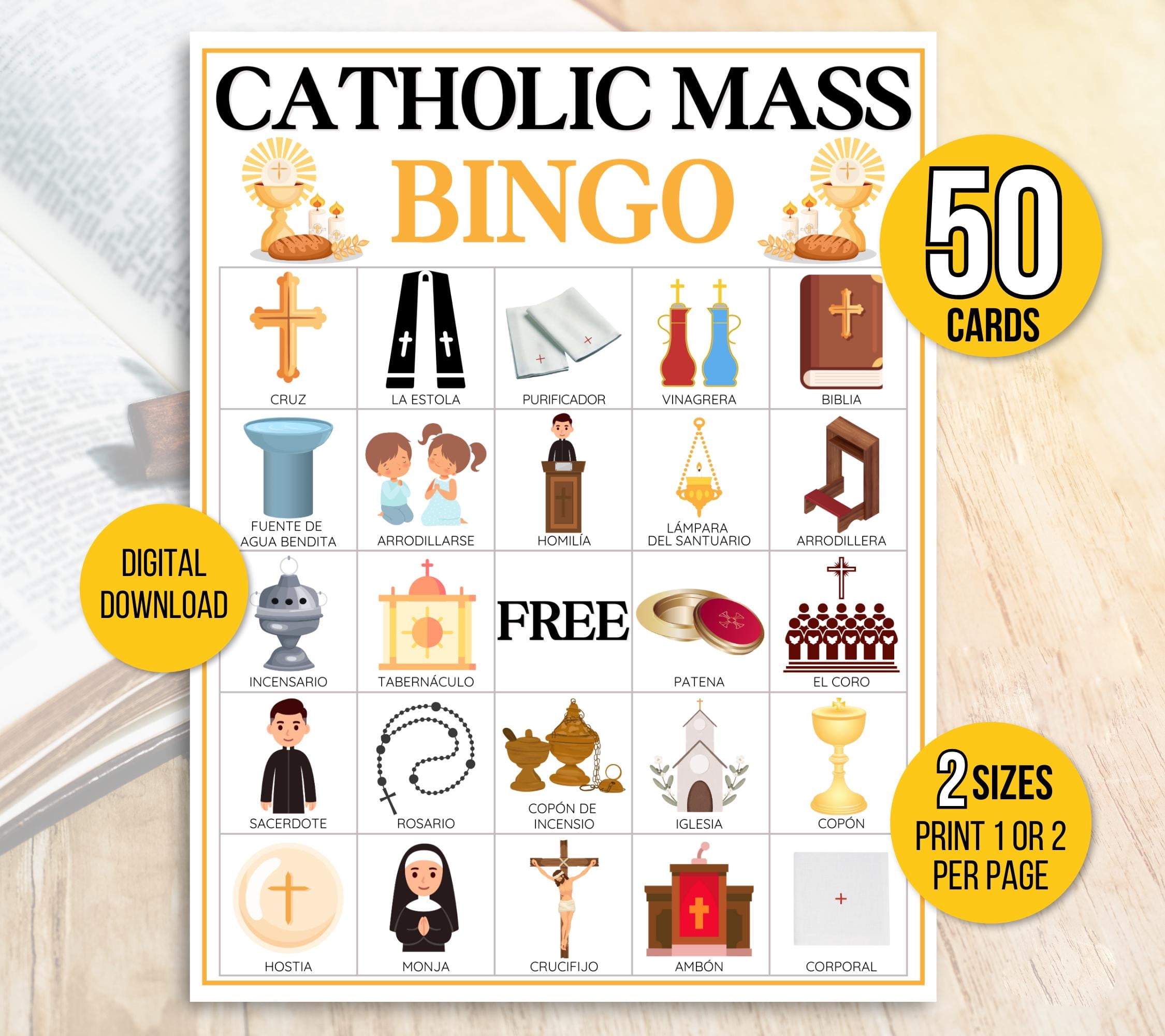 JavaC Spanish Catholic Mass Bingo, Spanish First Communion Bingo, 50 ...