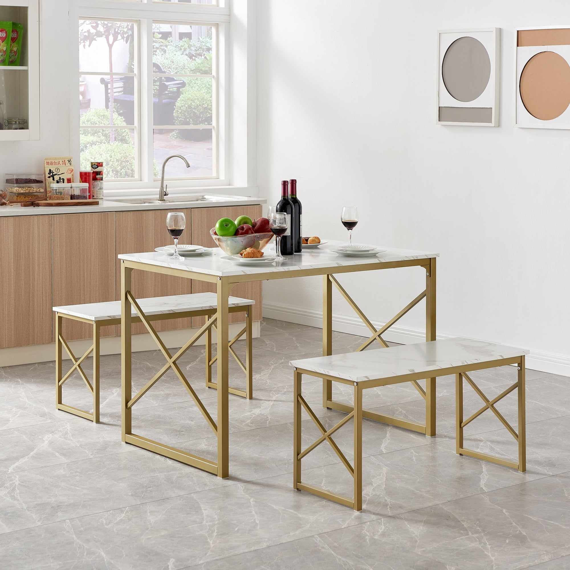 Javlergo 3-Piece Dining Sets with Benches, 43"/55" Modern Industrial ...