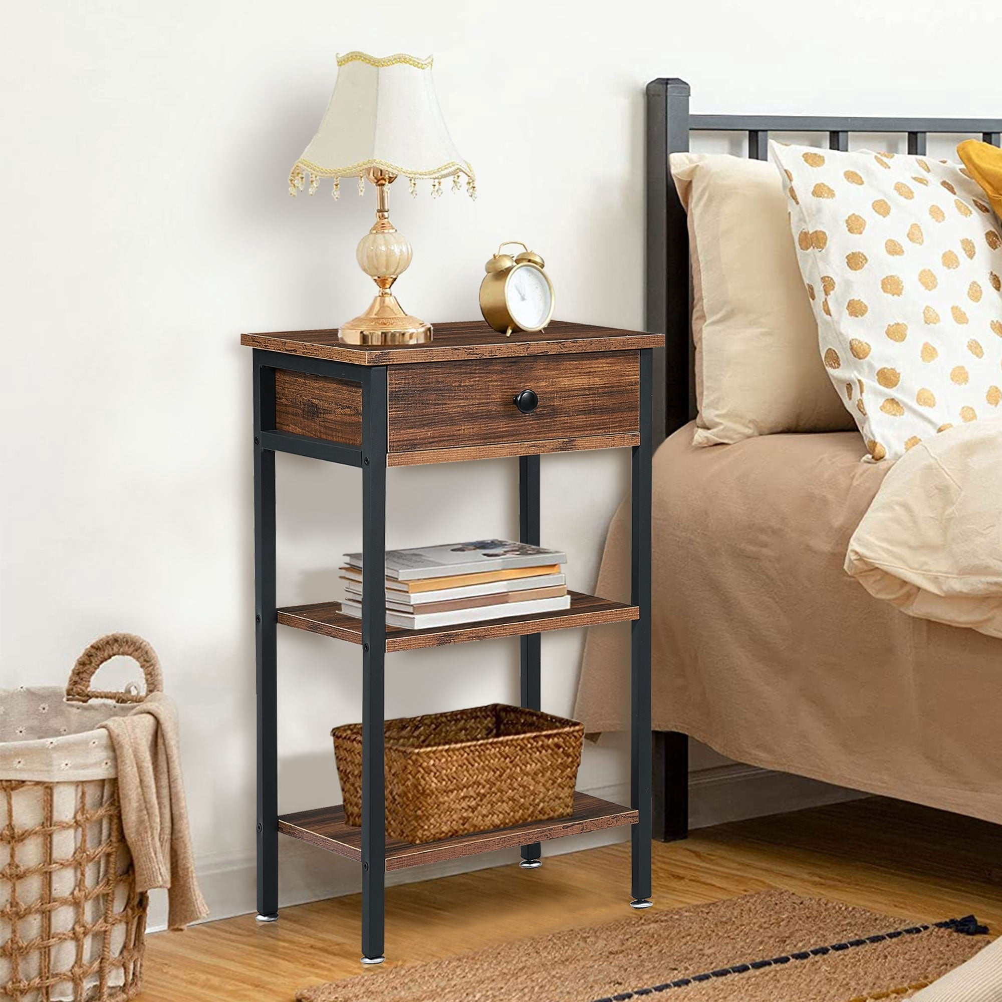 Javlergo Nightstand with 1-Drawer and 3-tier Wood Storage Shelf Brown ...