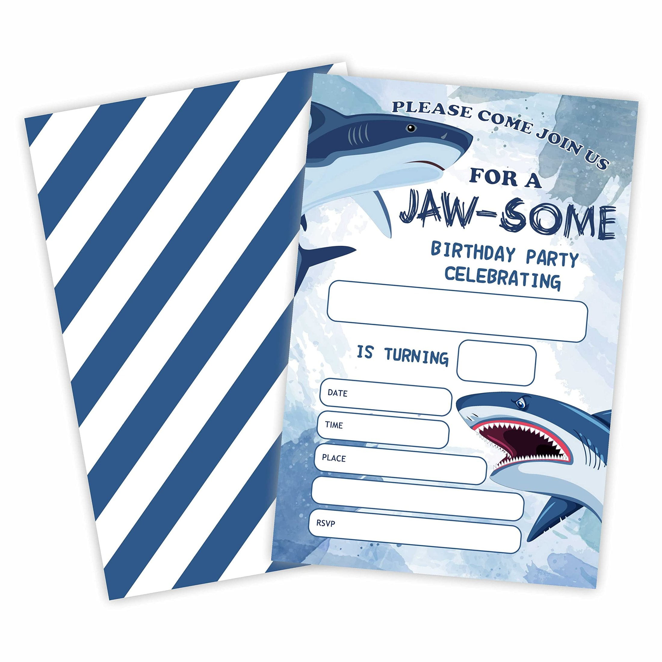 Jaw-Some Shark Birthday Party Invitation Cards - 20 Count Fill-In Style ...