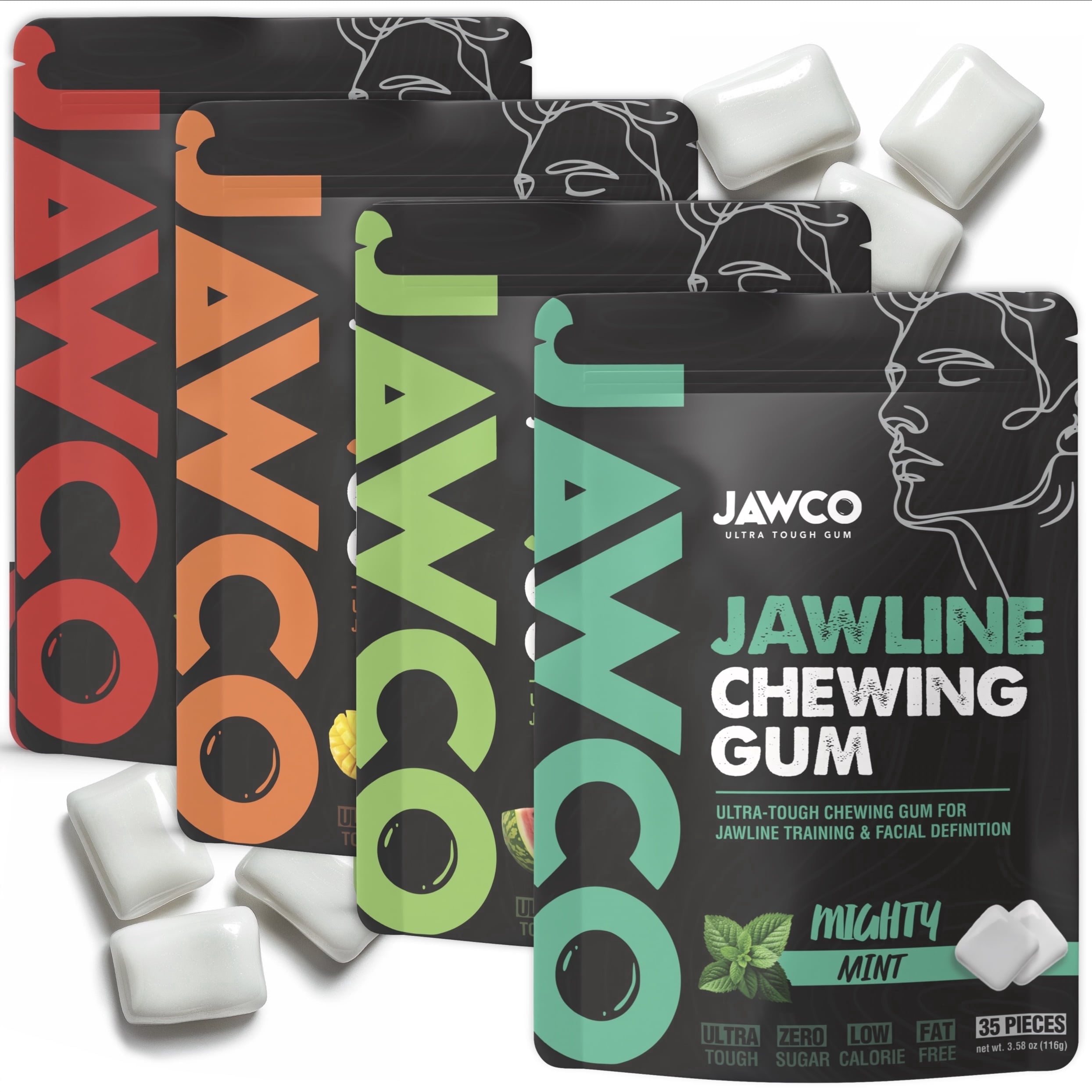 JAWCO Ultra-Tough Jawline Chewing Gum Variety 4-Pack | Facial Fitness ...