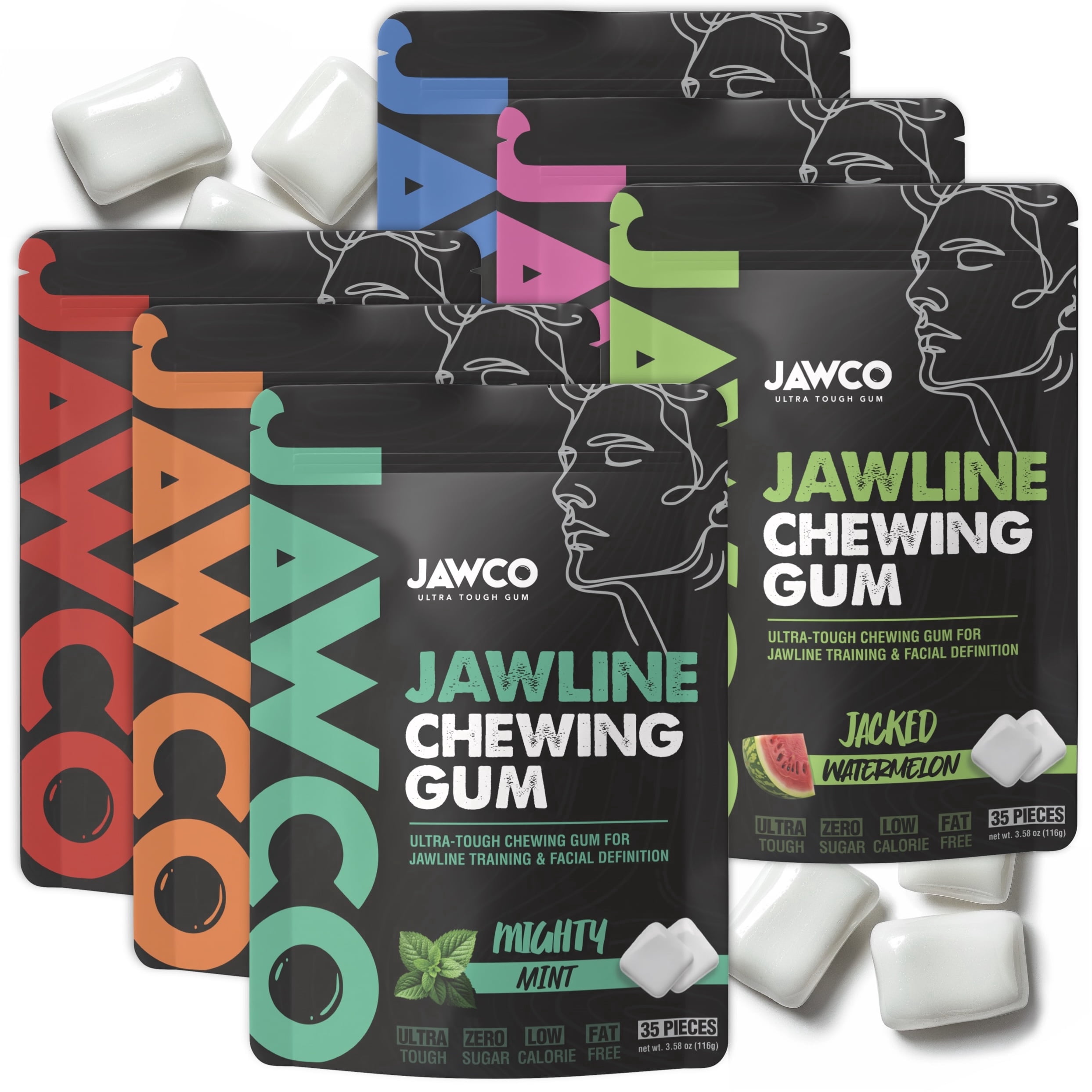 JAWCO Ultra-Tough Jawline Chewing Gum Variety 6-Pack | Facial Fitness ...