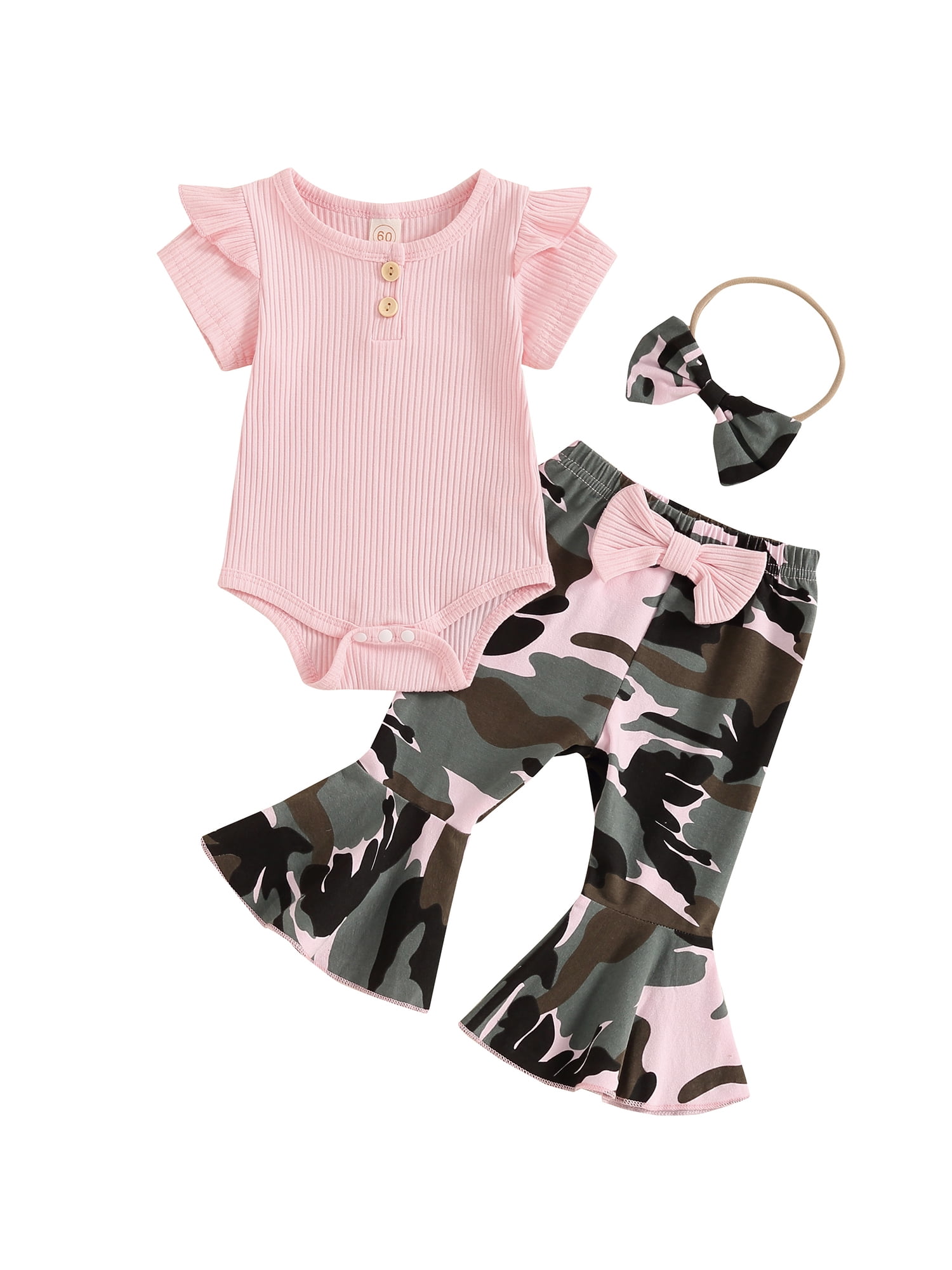 Jaweiwi 3-Pieces Baby Girls Ribbed Set Ruffled Short Sleeve Round Neck ...