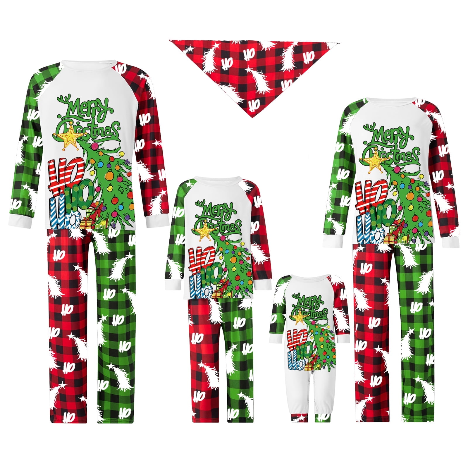 Jaweiwi Christmas Family Pajamas Matching Set, Long Sleeve Tree Letters Print T-shirt with Plaid ...