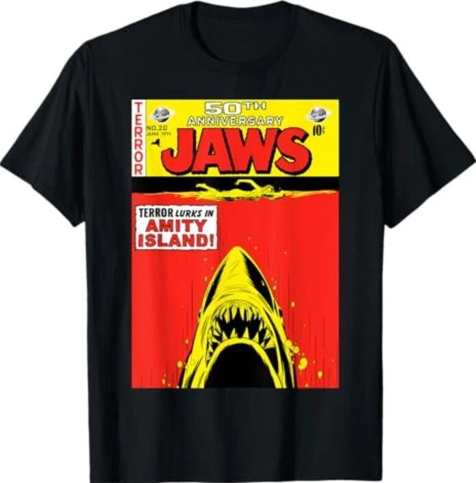 Jaws 50th Anniversary Poster Logo Cotton Crew Neck Tee, Retro Style ...