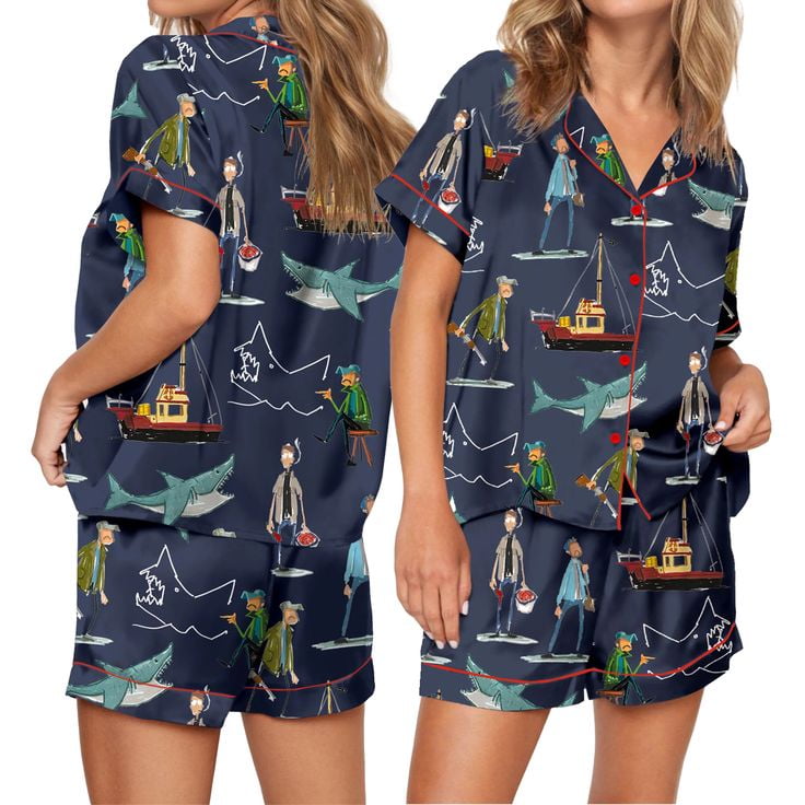 Jaws Silky Satin Pajama Set For Women, Funny Shark & Boat Print ...