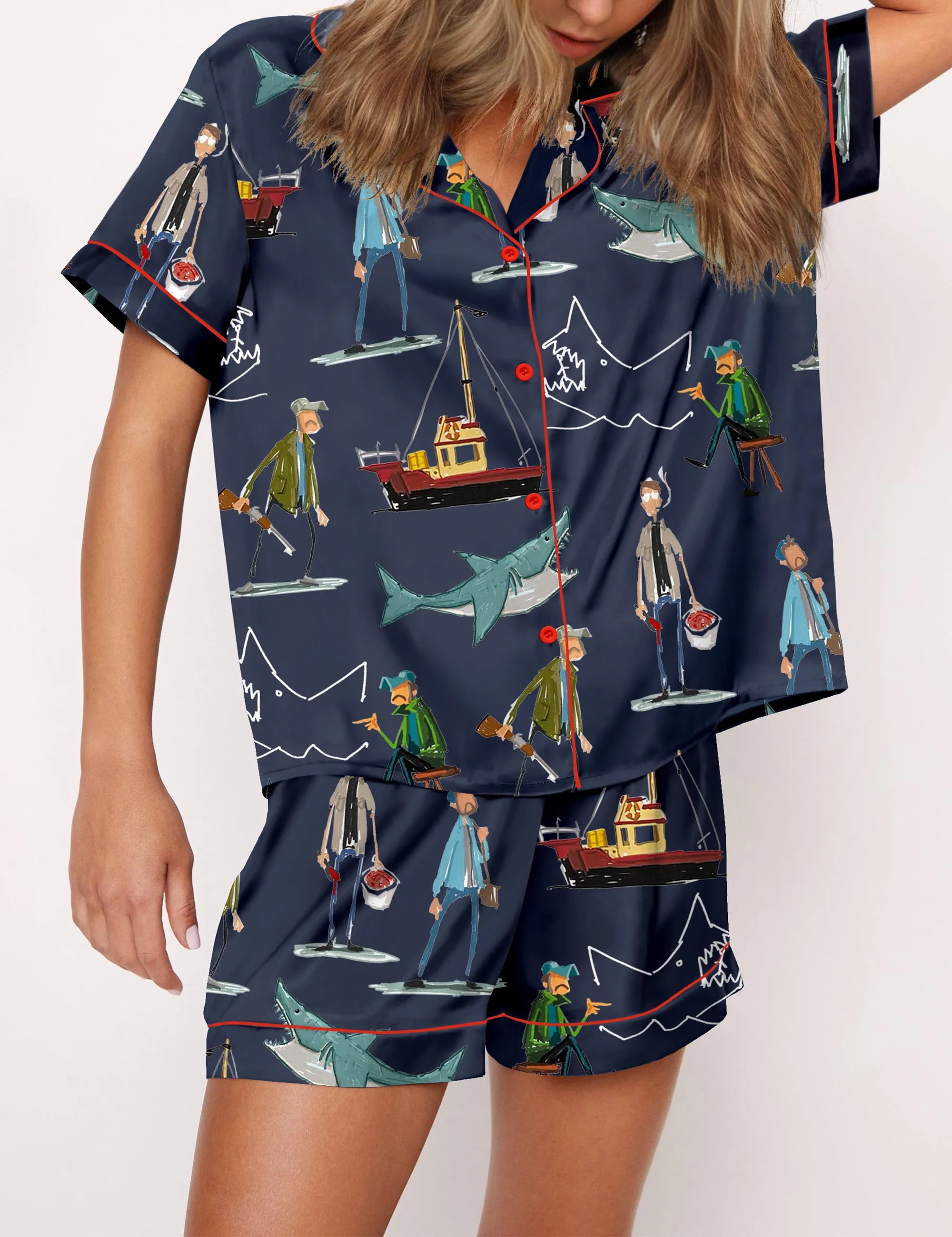Jaws Silky Satin Pajama Set For Women | Funny Shark & Boat Print ...